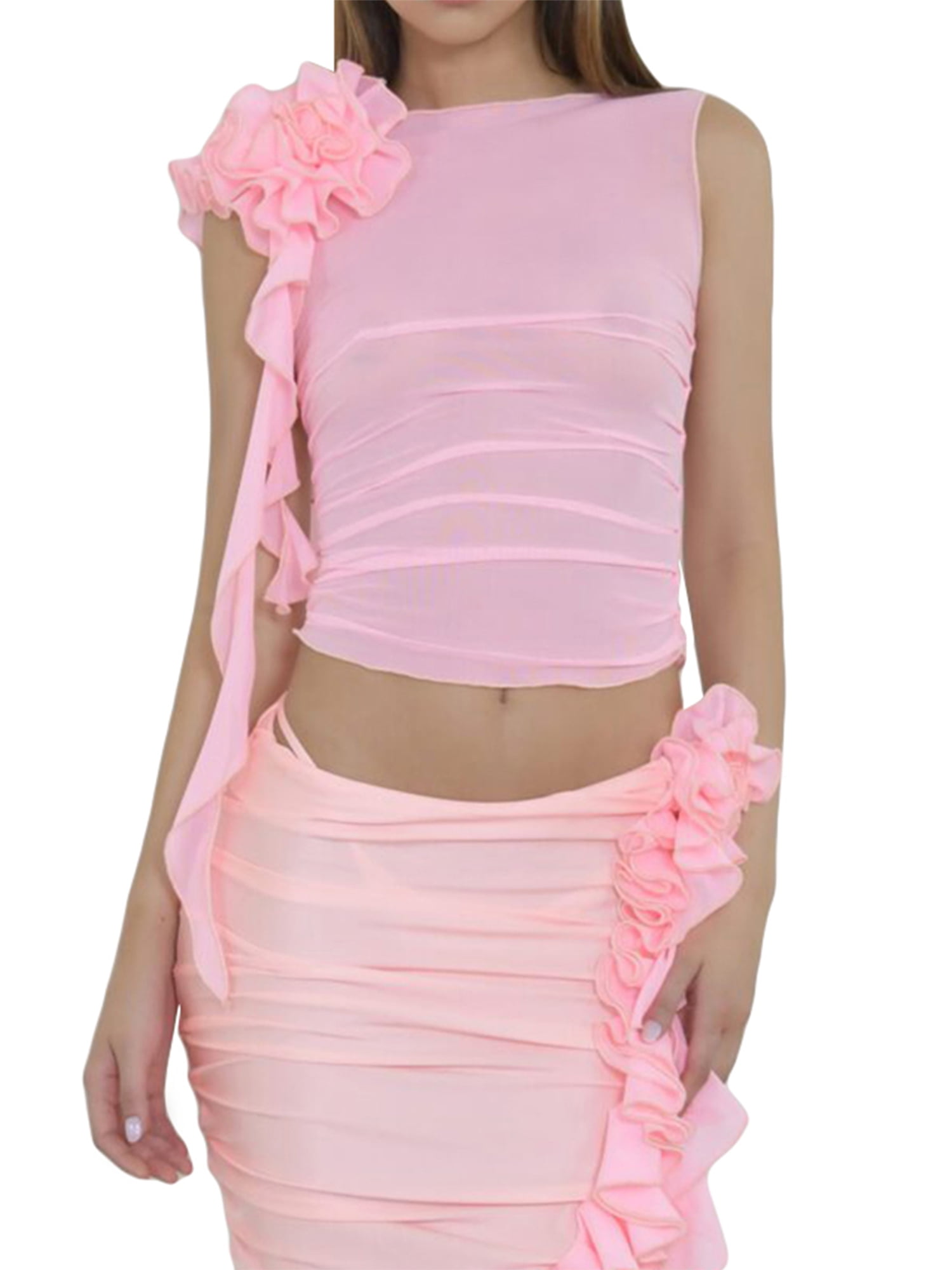 Jxzom Women 3d Flower Sheer Mesh Tanks Ruffles Tassel See Through Crop