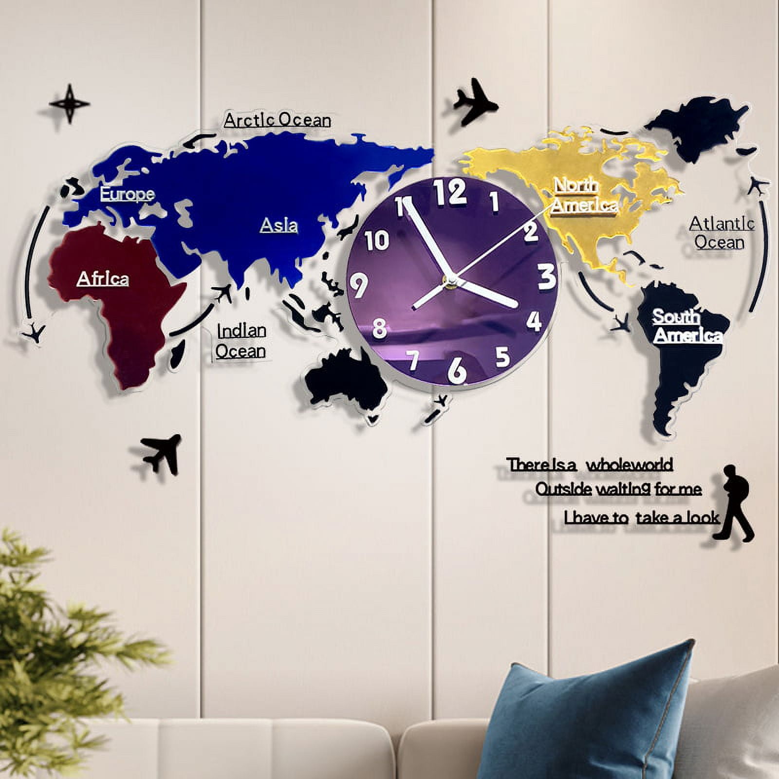 Jzenzero Large Decorative Wall Clock Sticker Frameless World Map Wall ...