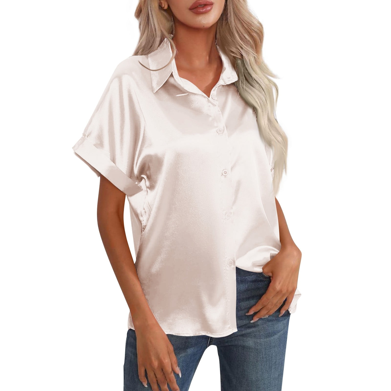 Jzuxvd Silk Button Down Shirts for Women Satin Short Sleeve V Neck Casual Work Office Blouse ...