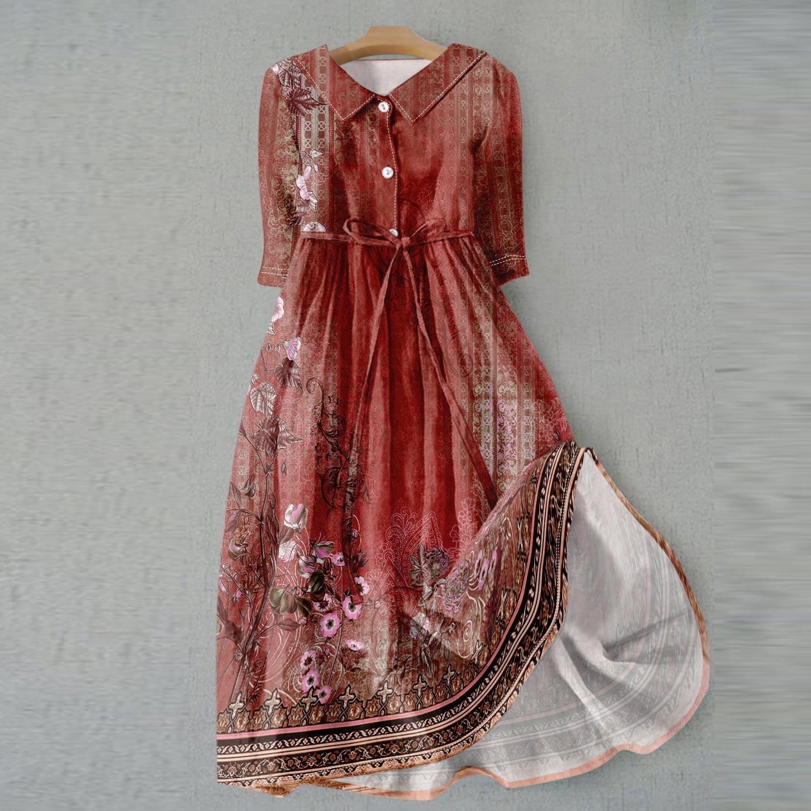 Jzuxvd Summer Dress for Women 3/4 Sleeve Button Up A Line Flowy Midi ...