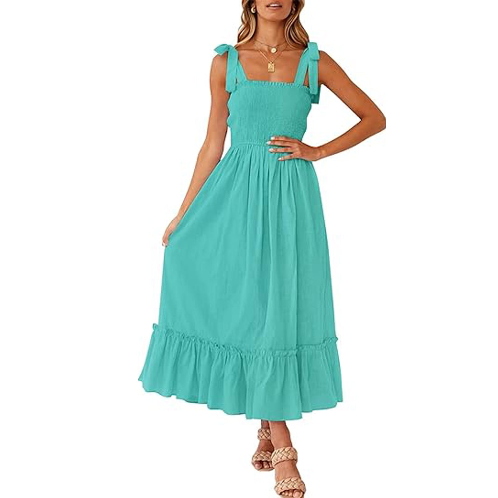 Jzuxvd Women Maxi Dresses Summer Tie Strap Square Neck Smocked Tiered ...