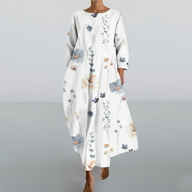 Jzuxvd Women's Floral 3/4Sleeve Maxi Dress Fall Flowy Plus Size Beach ...