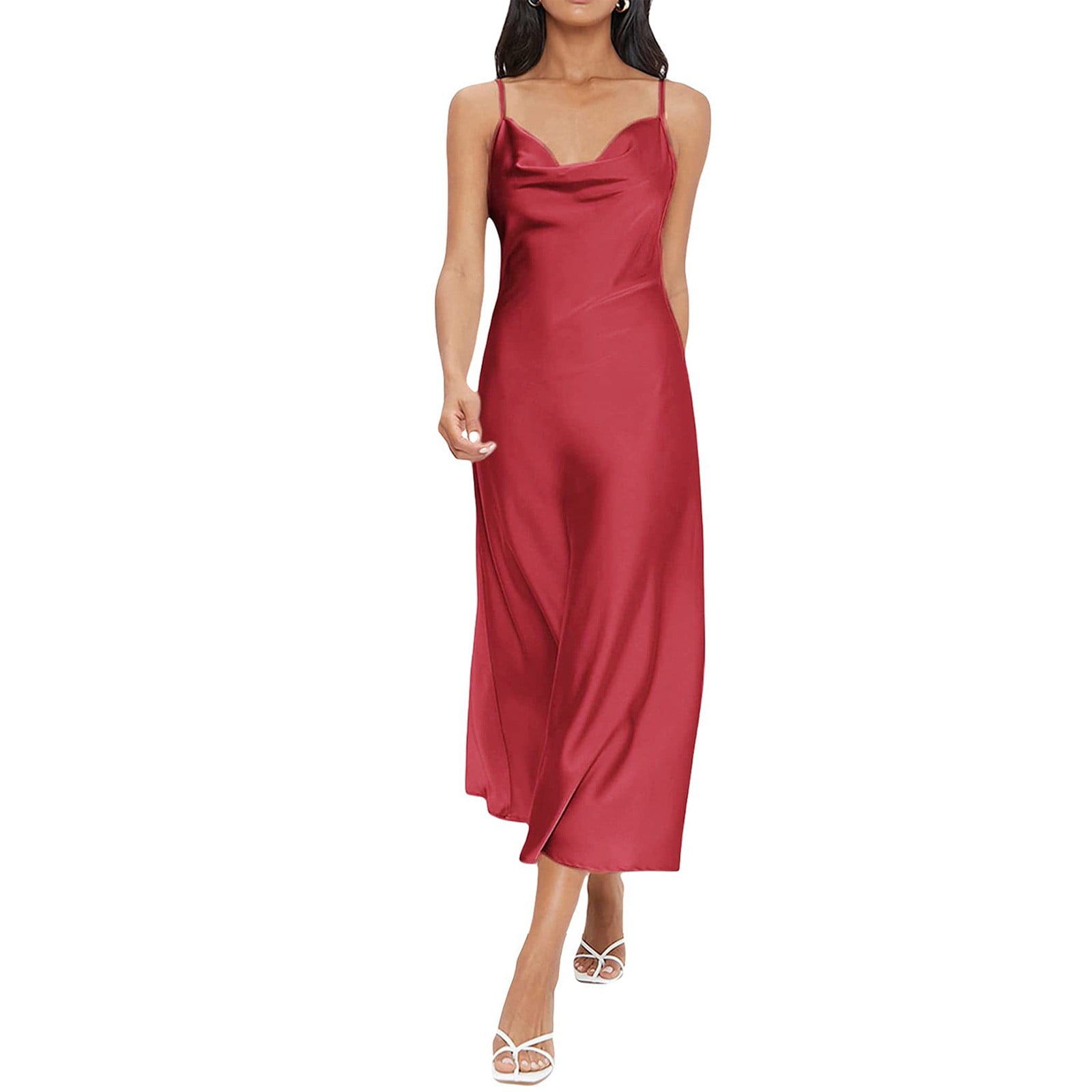 Jzuxvd Women's Spaghetti Strap Cowl Neck Long Slip Satin Silk Midi ...