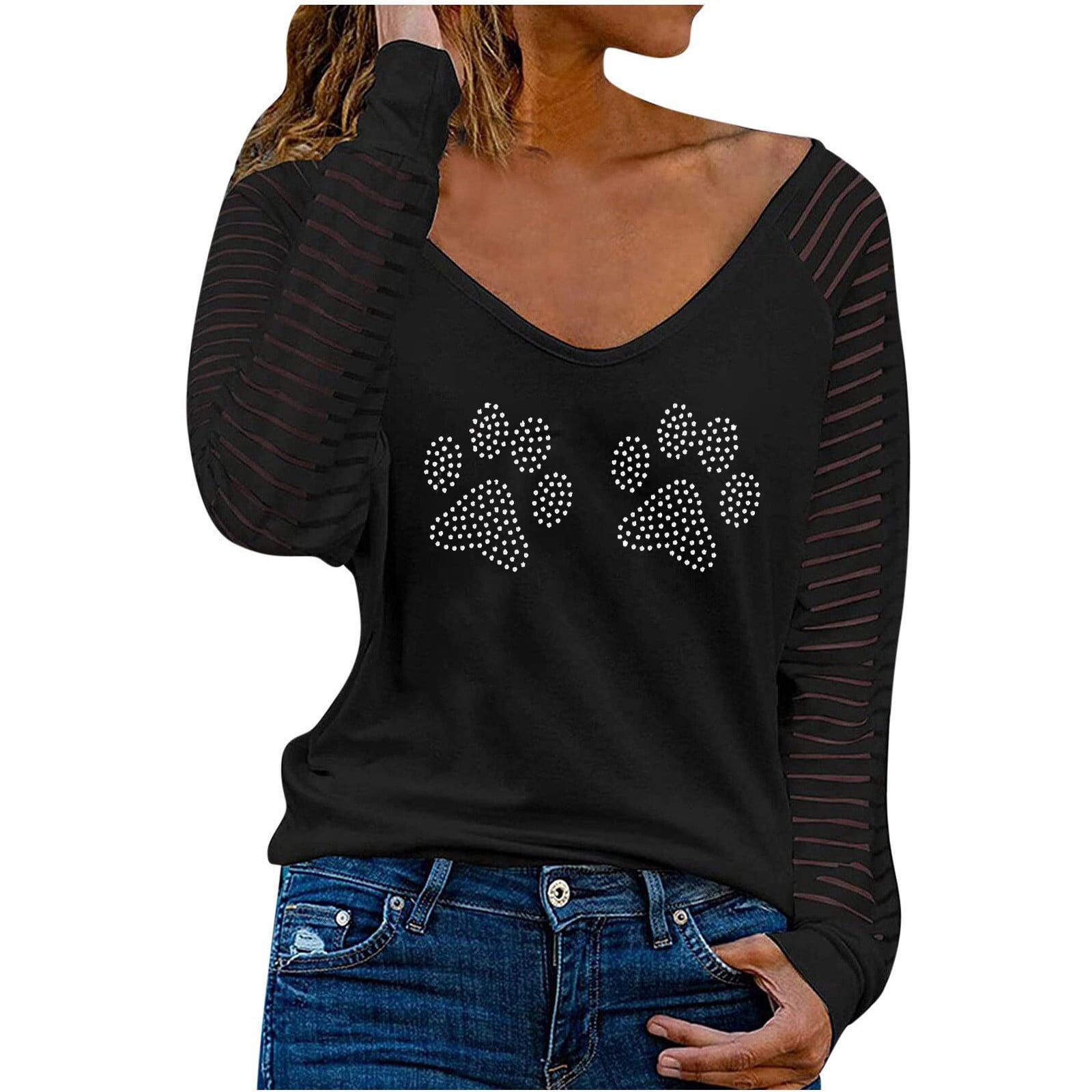 K-679 Black Cat Paw Graphic Loose Fit Long Tshirts for Women Fall ...