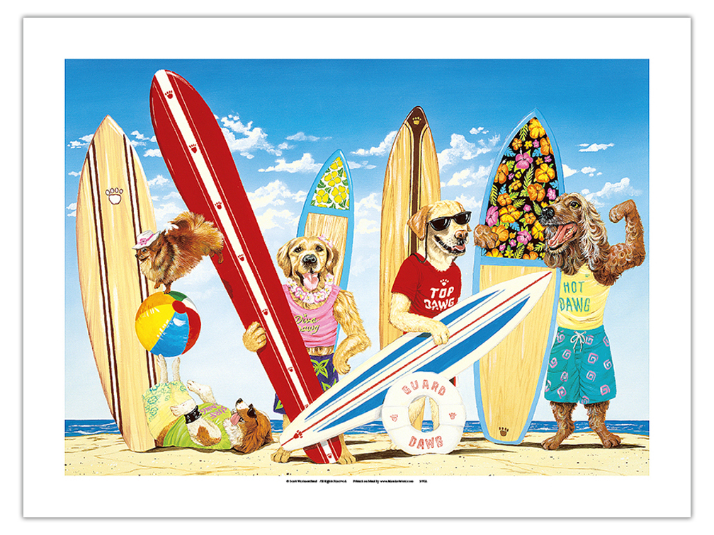 K-9 Surf Club - Surf Dogs - From an Original Color Painting by Scott ...