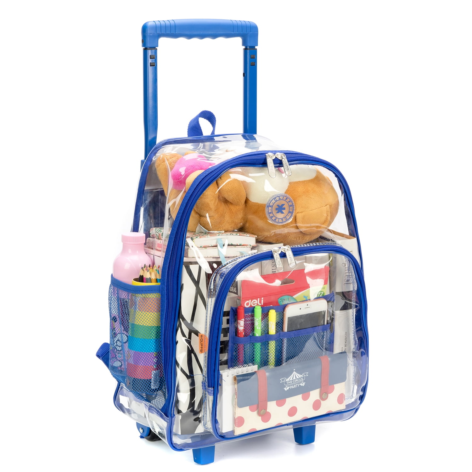 K-Cliffs 17" Clear PVC Royal Blue Rolling Clear School Backpack, Teen ...