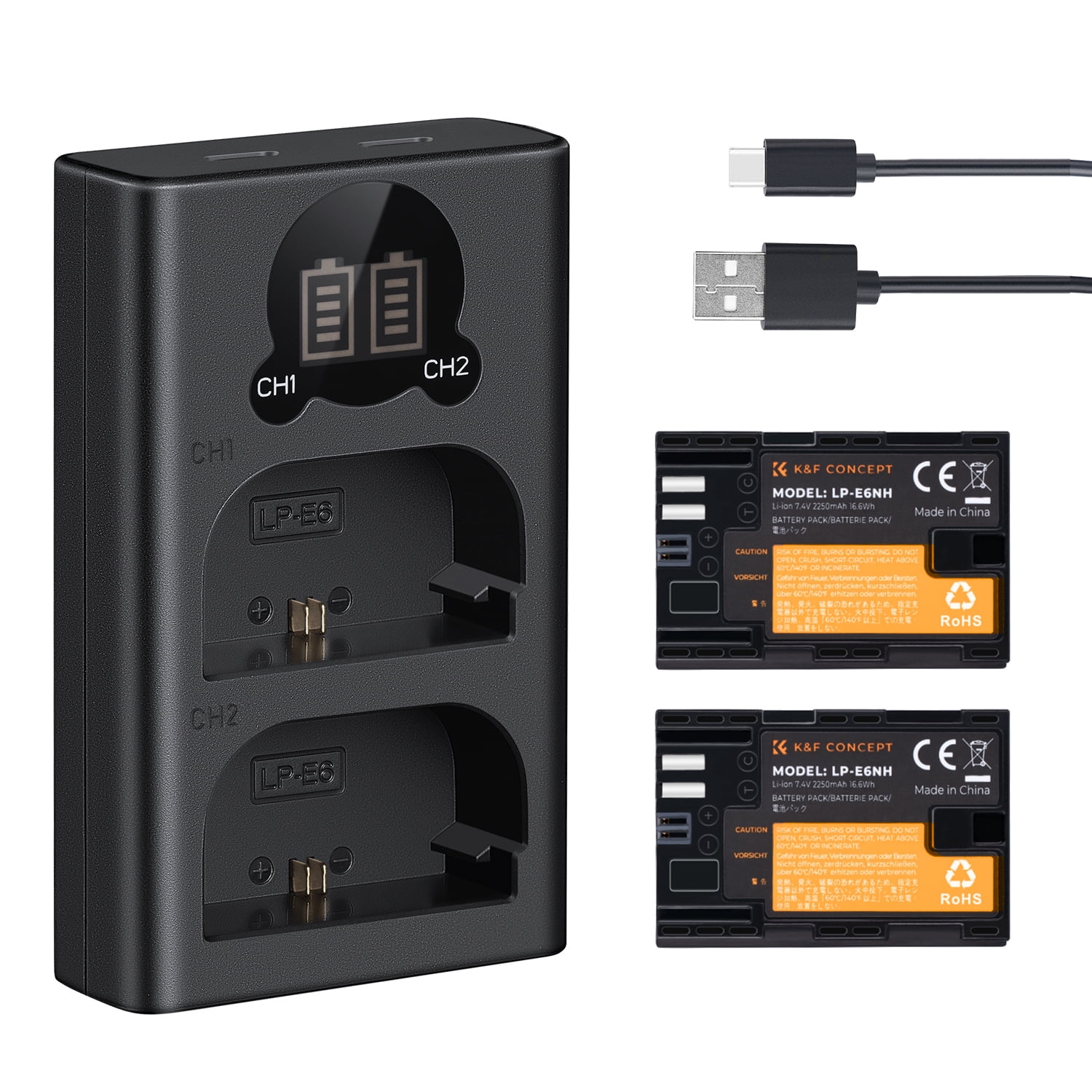 K&F Concept LP-E6NH Battery and Dual LCD Charger Set, 2 Pack 2250mAh ...