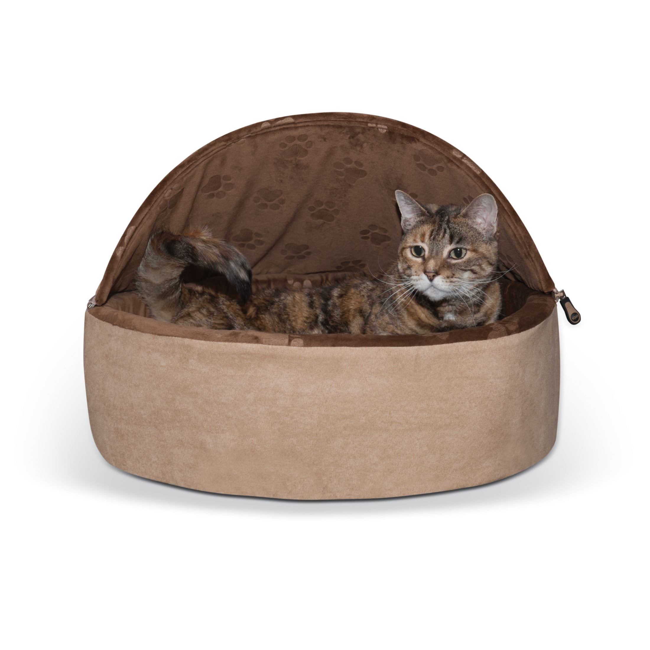 K&H Pet Products Self-Warming Hooded Cat Bed, Brown, Removable Cover ...