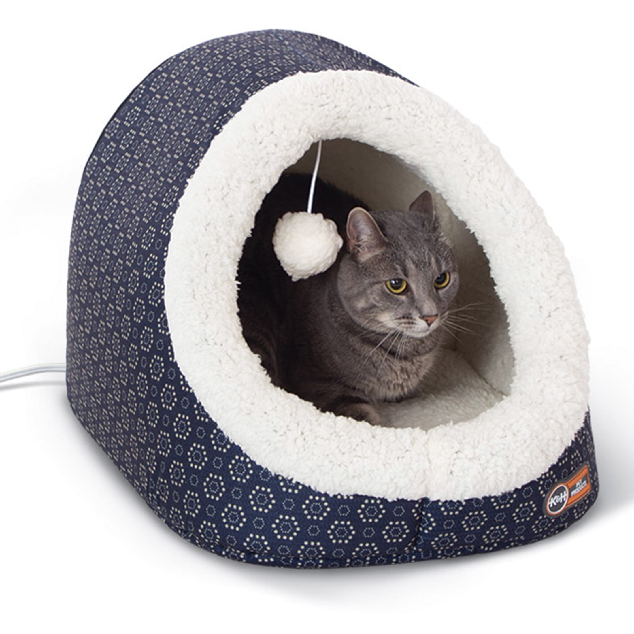 K&H Pet Products Thermo-Pet Cave Cat Bed Heated Navy/Geo Flower 17 X 15 ...
