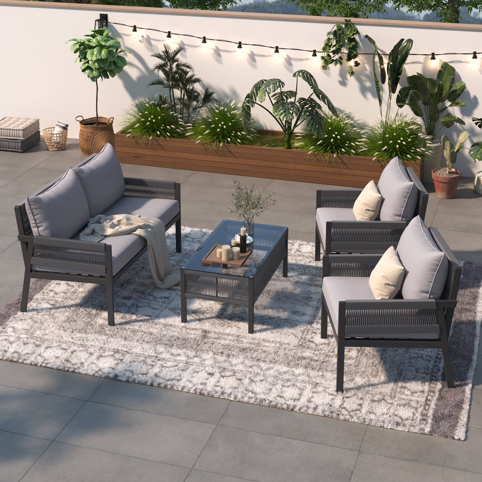 K&K 4-Piece Rope Outdoor Conversation Sets with Sofa and Chairs, Grey ...