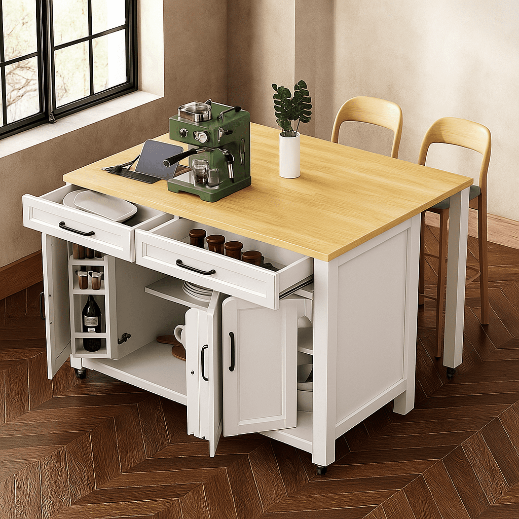 K&K 47 inch Kitchen Island with Extendable Dining Table, Rubber Wood ...