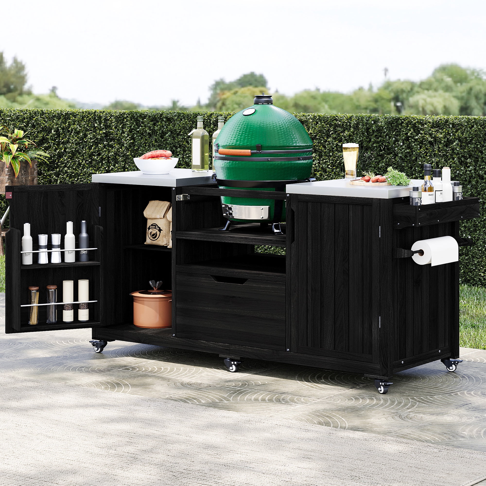 K&K 66.5" Outdoor Kitchen Island for Big Green Egg Grills, Solid Wood ...