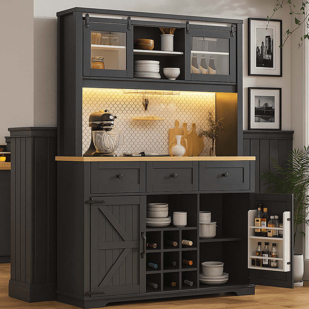 K&K 71" Farmhosue Pantry Bar Cabinet with Internal Storage Rack,Kitchen ...