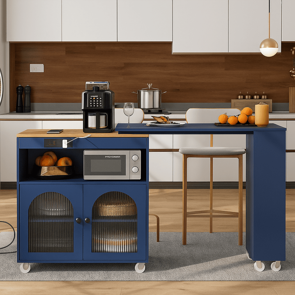 K&K Rolling Kitchen Island With Extended Table, Kitchen Island on ...