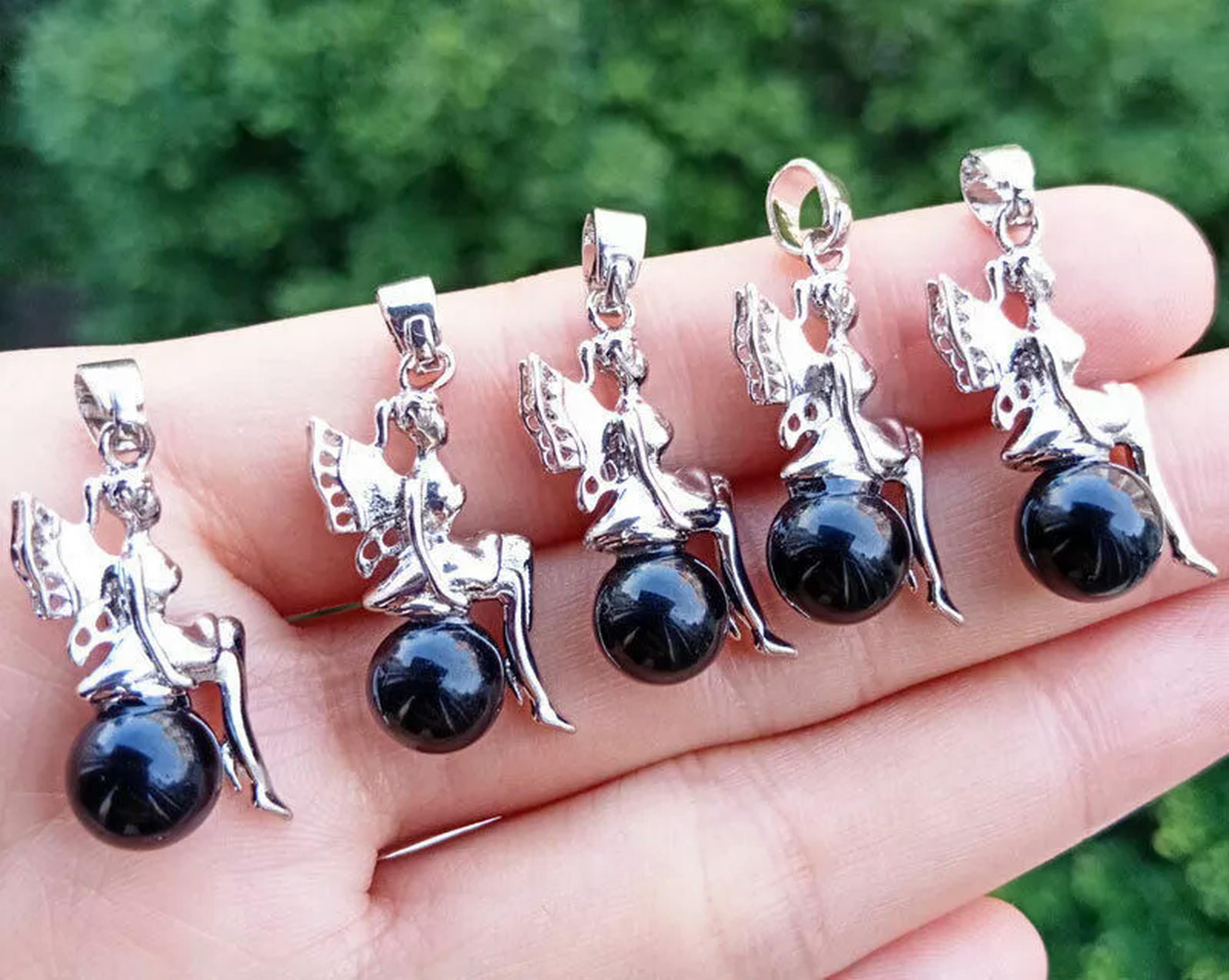 K-KED 10pcs Black Agate Stone Pendant Beads smart magic Angel Reiki ...