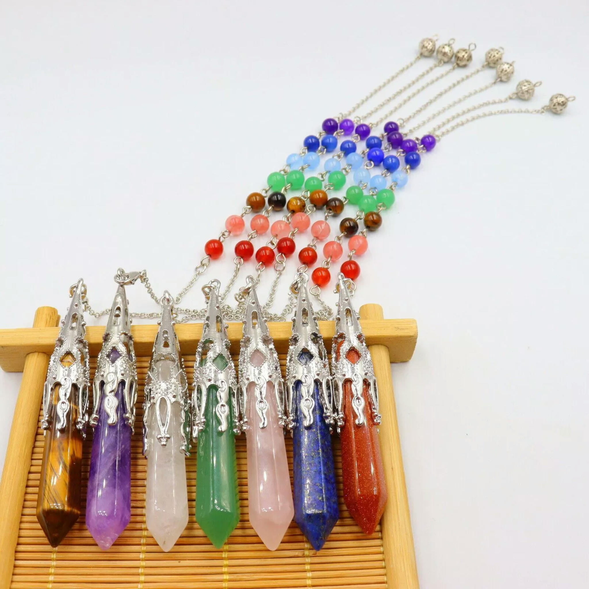 K-KED 10pcs Mixed Natural Stone Pendulum Pendants Tower Prism Wand ...