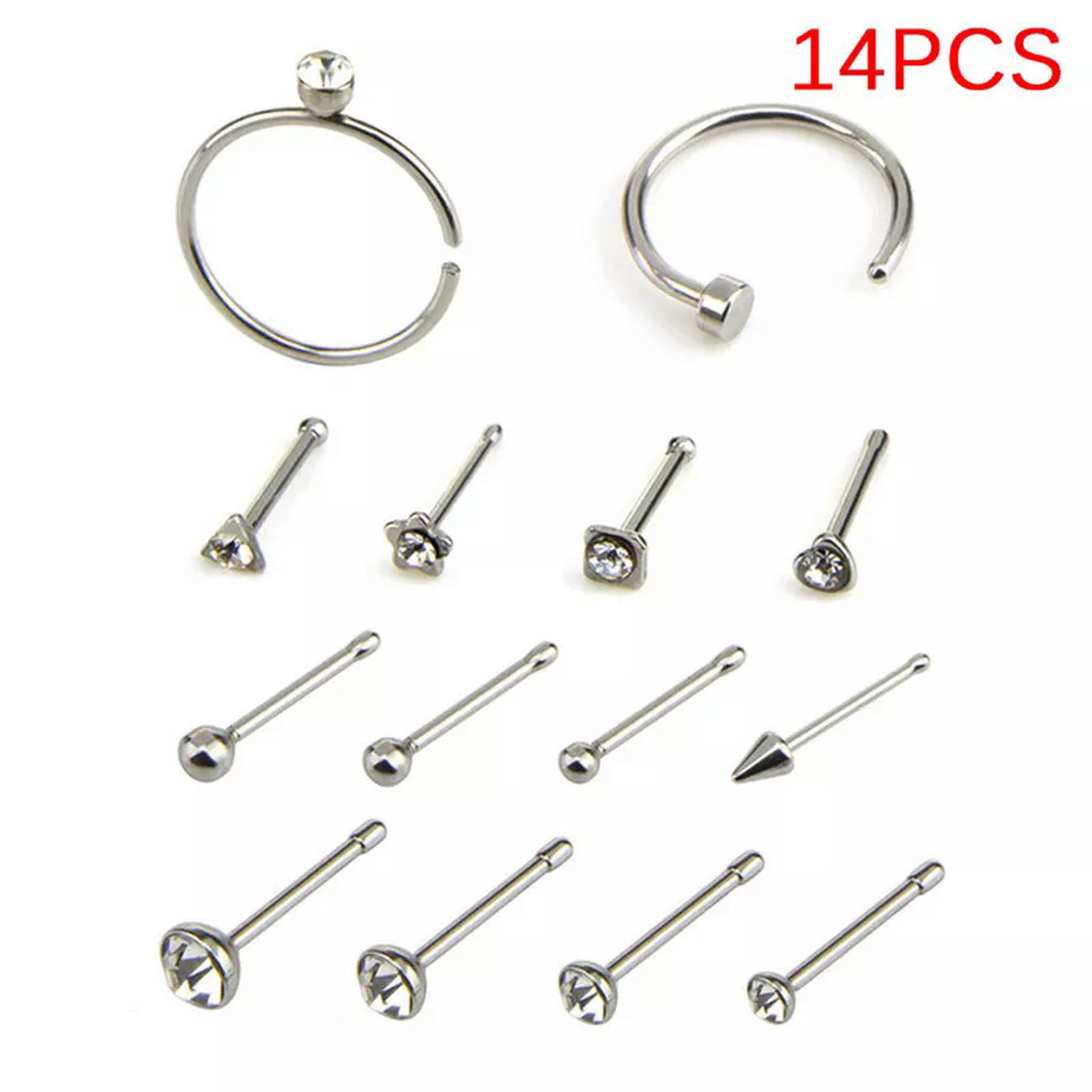 K-KED 14x/Set Stainless Steel Crystals Nose Hoop Septum Rings Bone Stud ...