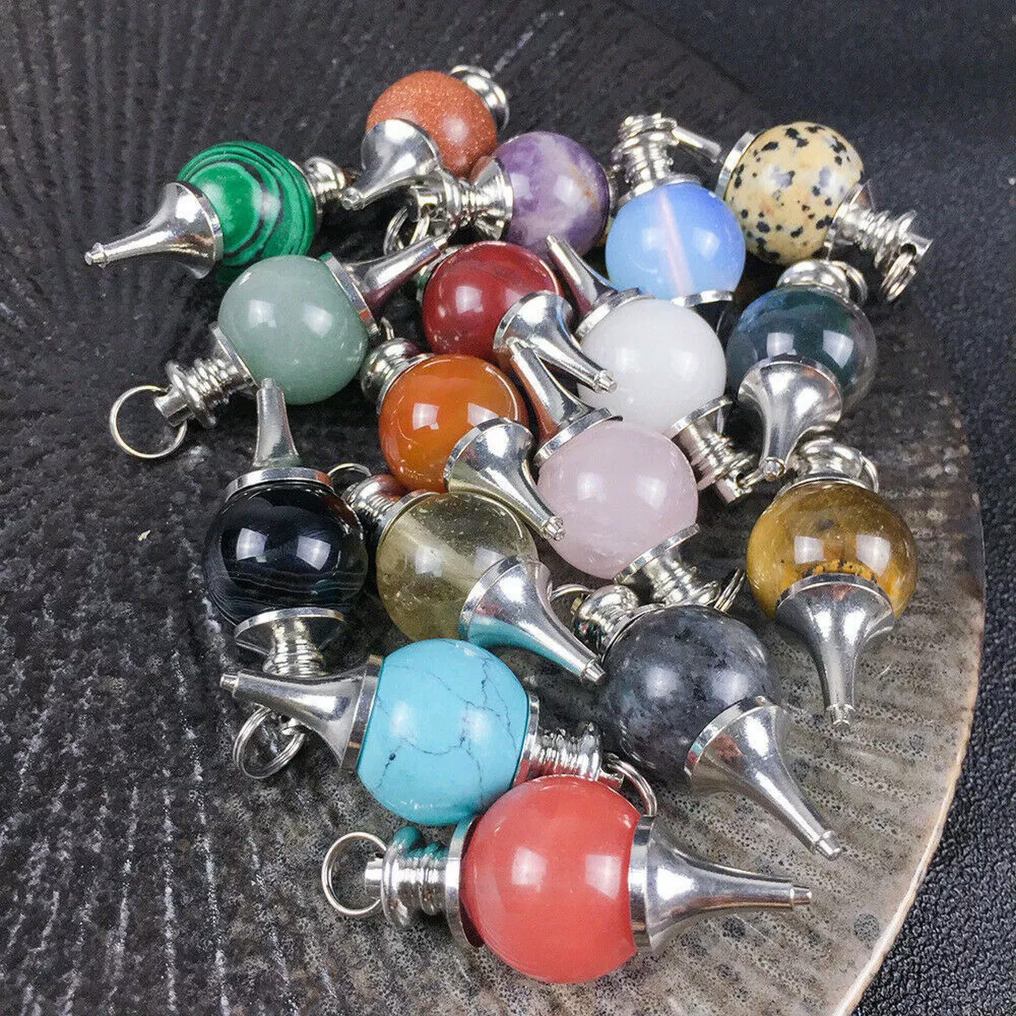 K-KED 15pcs Natural Gemstone Crystal Pendulum Healing Dowsing Chakra ...