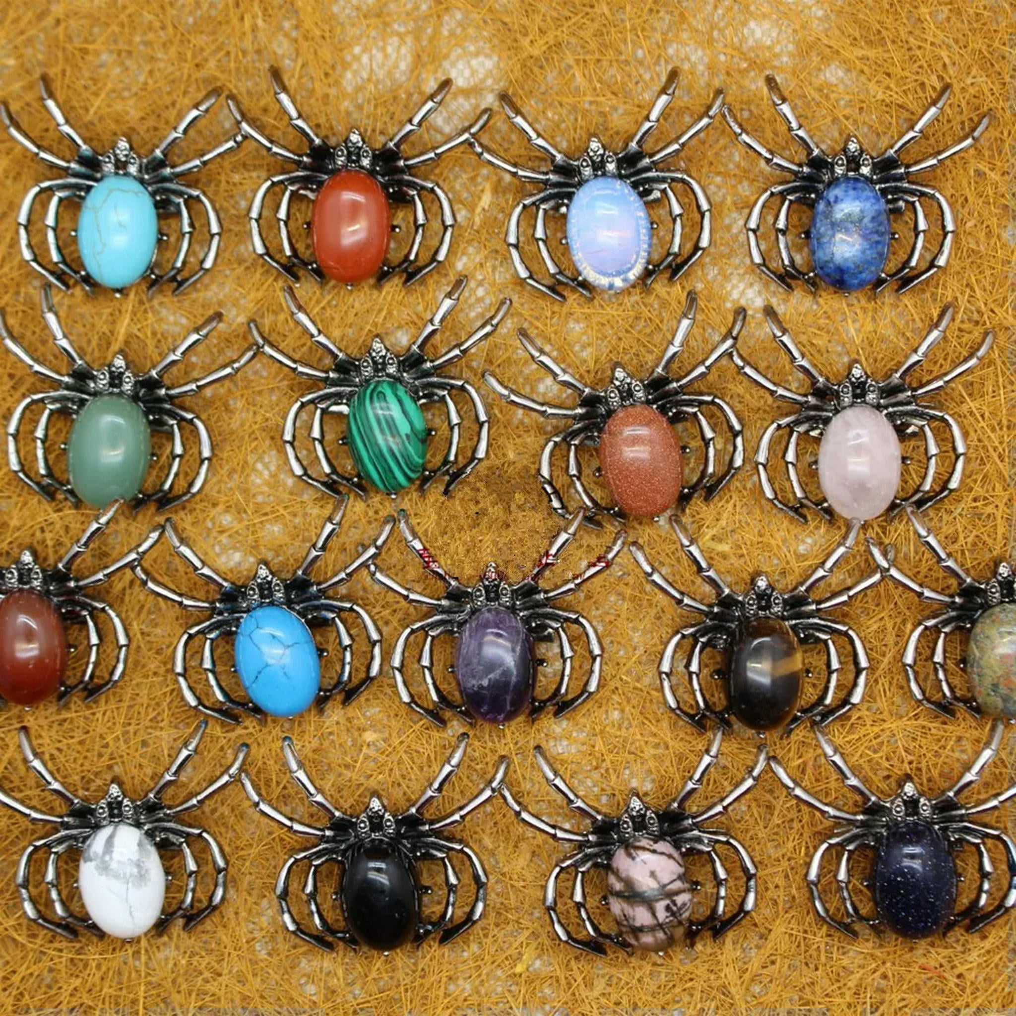 K-KED 15pcs Natural Mixed Stone Spider Pendants Brooch Chakra Reiki ...