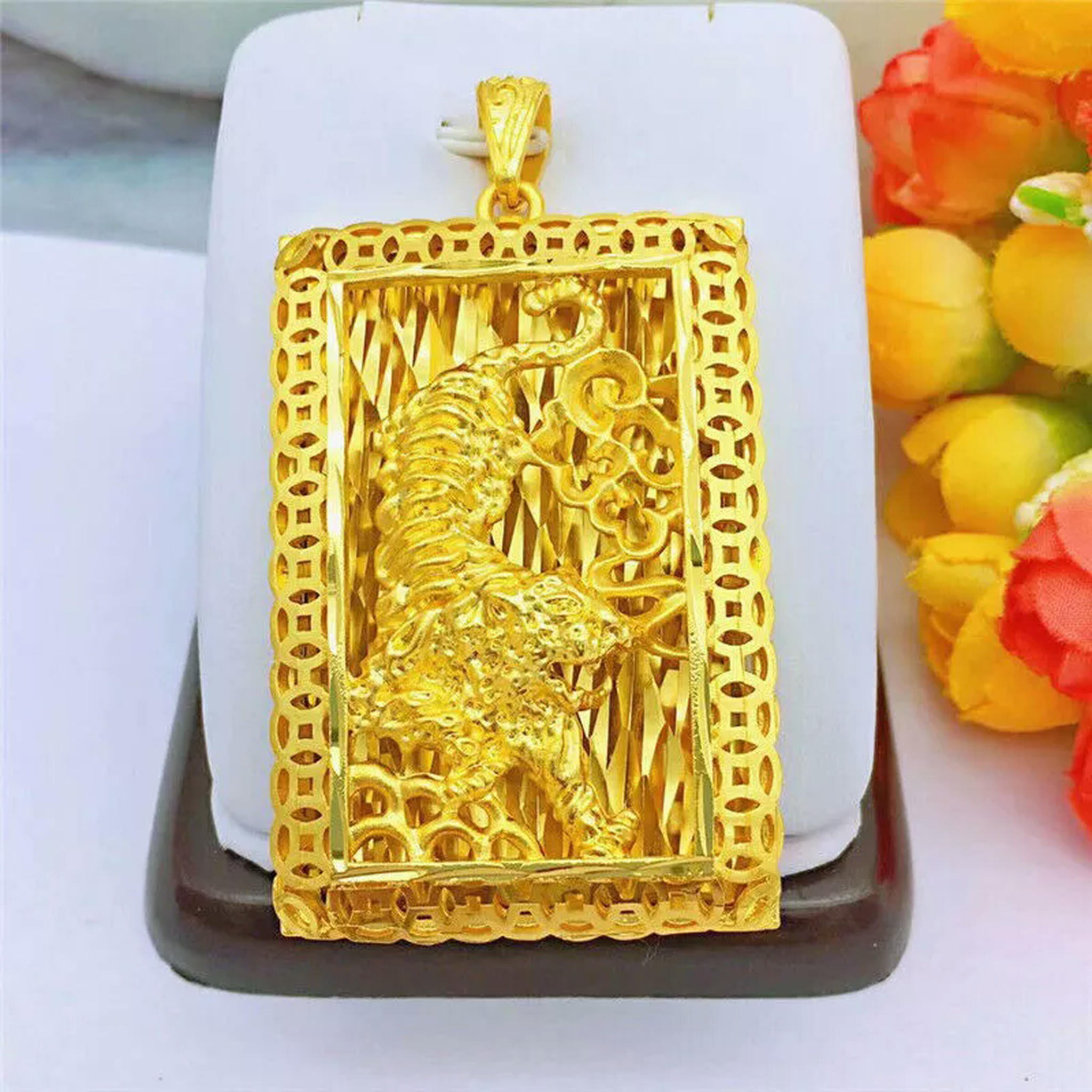 K-KED 24K Yellow Gold Plated Men's Big Tiger Pendant Vibrant and ...