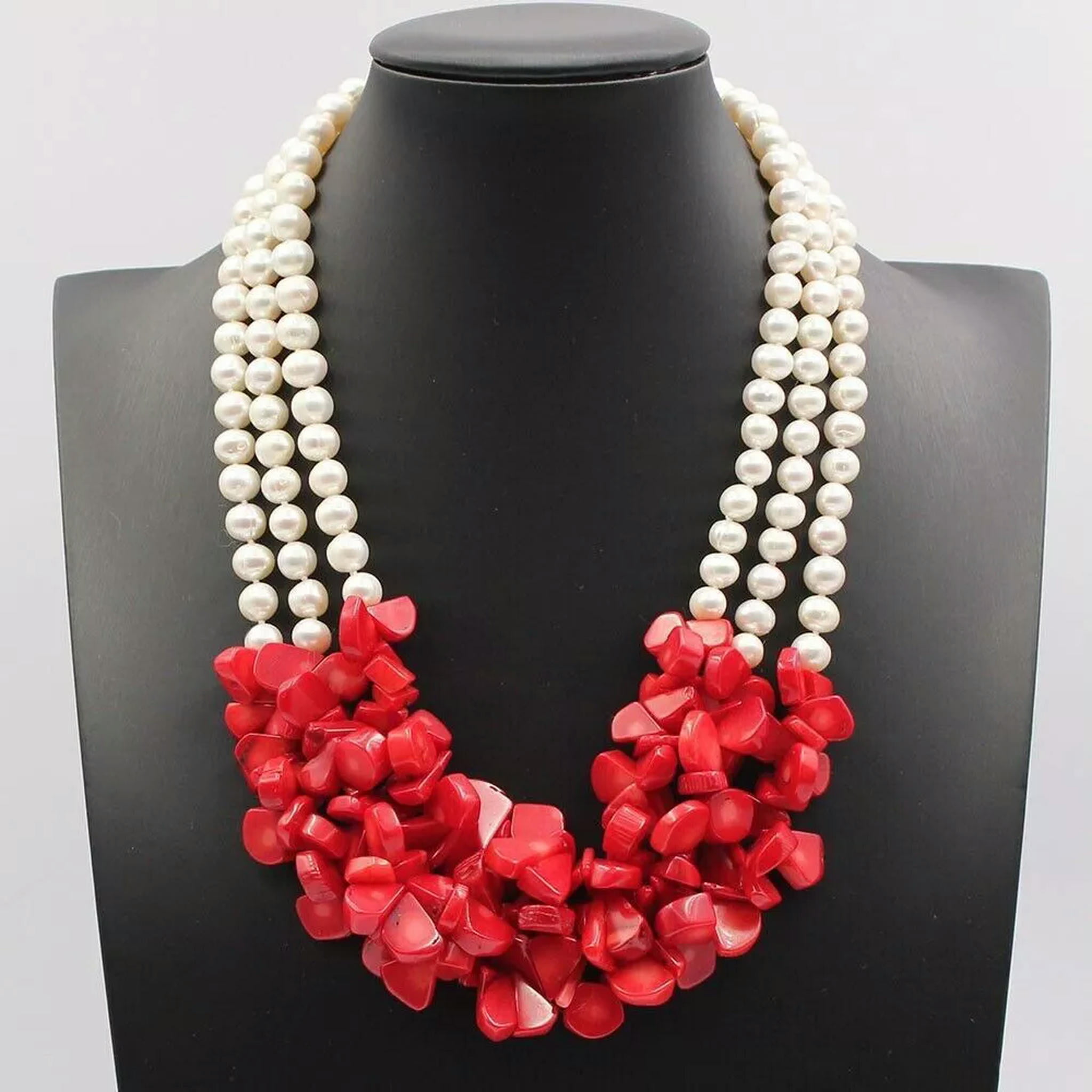 K-KED 3 Rows Red Coral Natural White Keshi Round Pearl Necklace ...