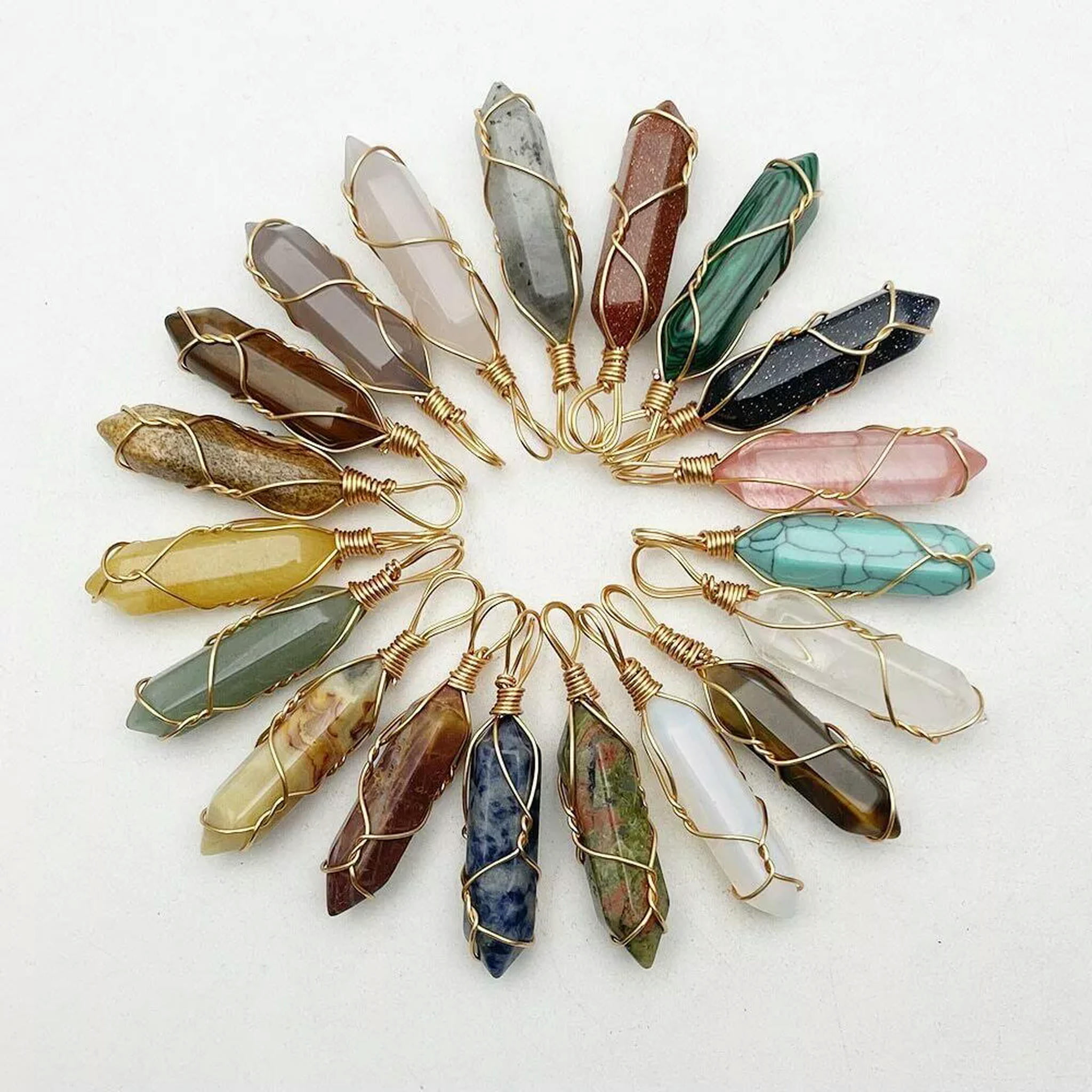 K-KED 30pcs Mixed Natural Stone Gold Color Pendulum Crystal Pillar ...