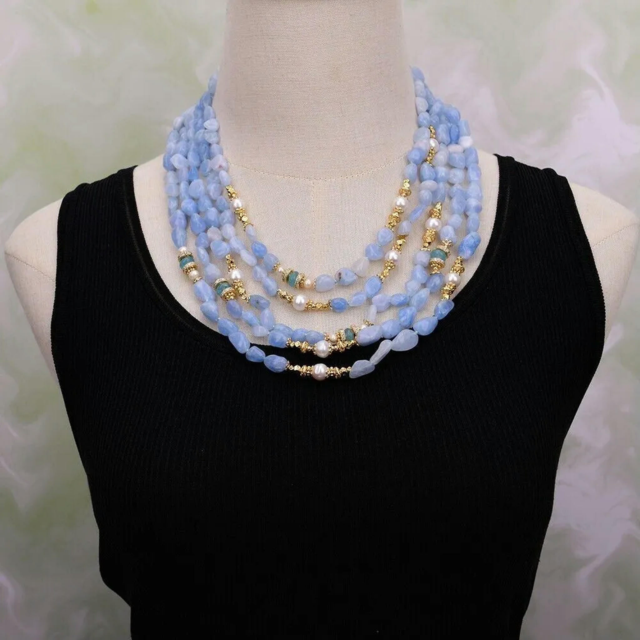 K-KED 5 Strands Natural Blue Aquamarine Nugget White Pearl Necklace ...