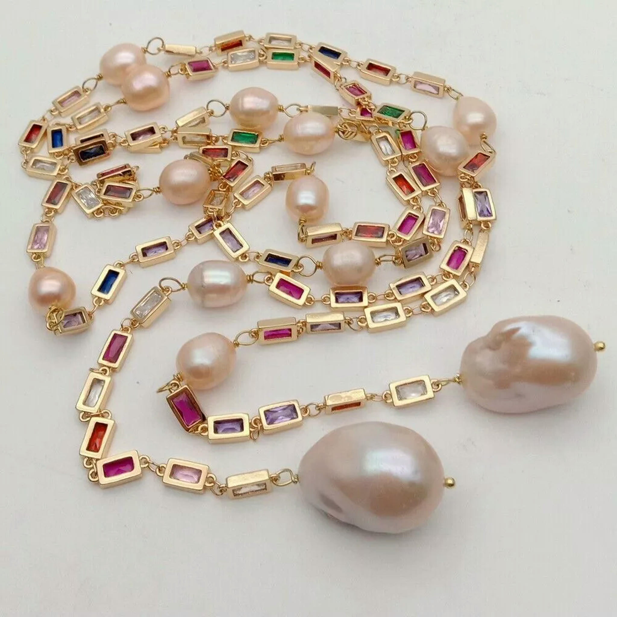 K-KED 50" Cultured Pink Keshi Pearl Mixed Color Rectangle Cz Pave Long ...