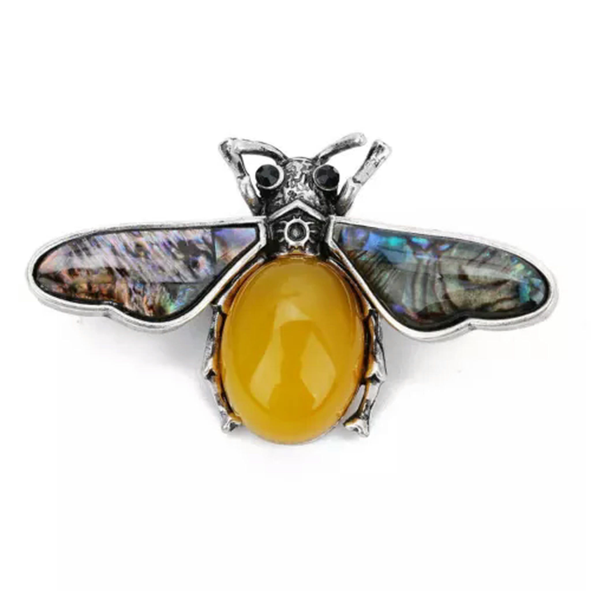 K-KED 5PCS Bee Mixed Natural Stone Body Abalone Wings Vintage Silver Pin Brooch-Yellow Agate ...