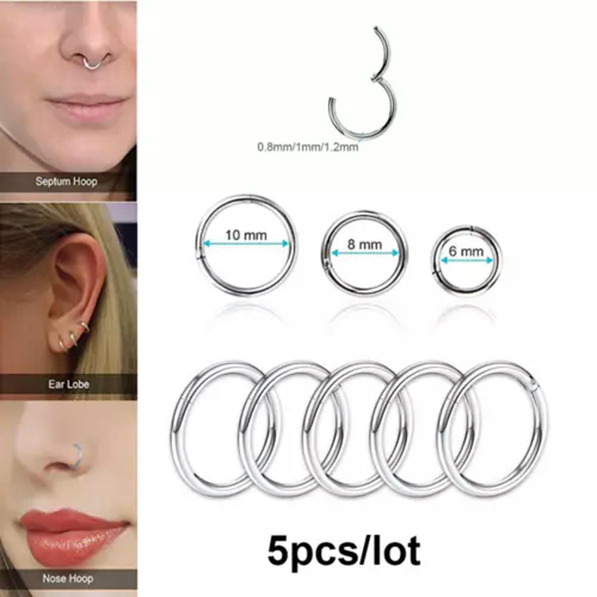 K-KED 5PCS Stainless Steel Nose Septum Ring Hinged Clicker Lip Ear Hoop ...