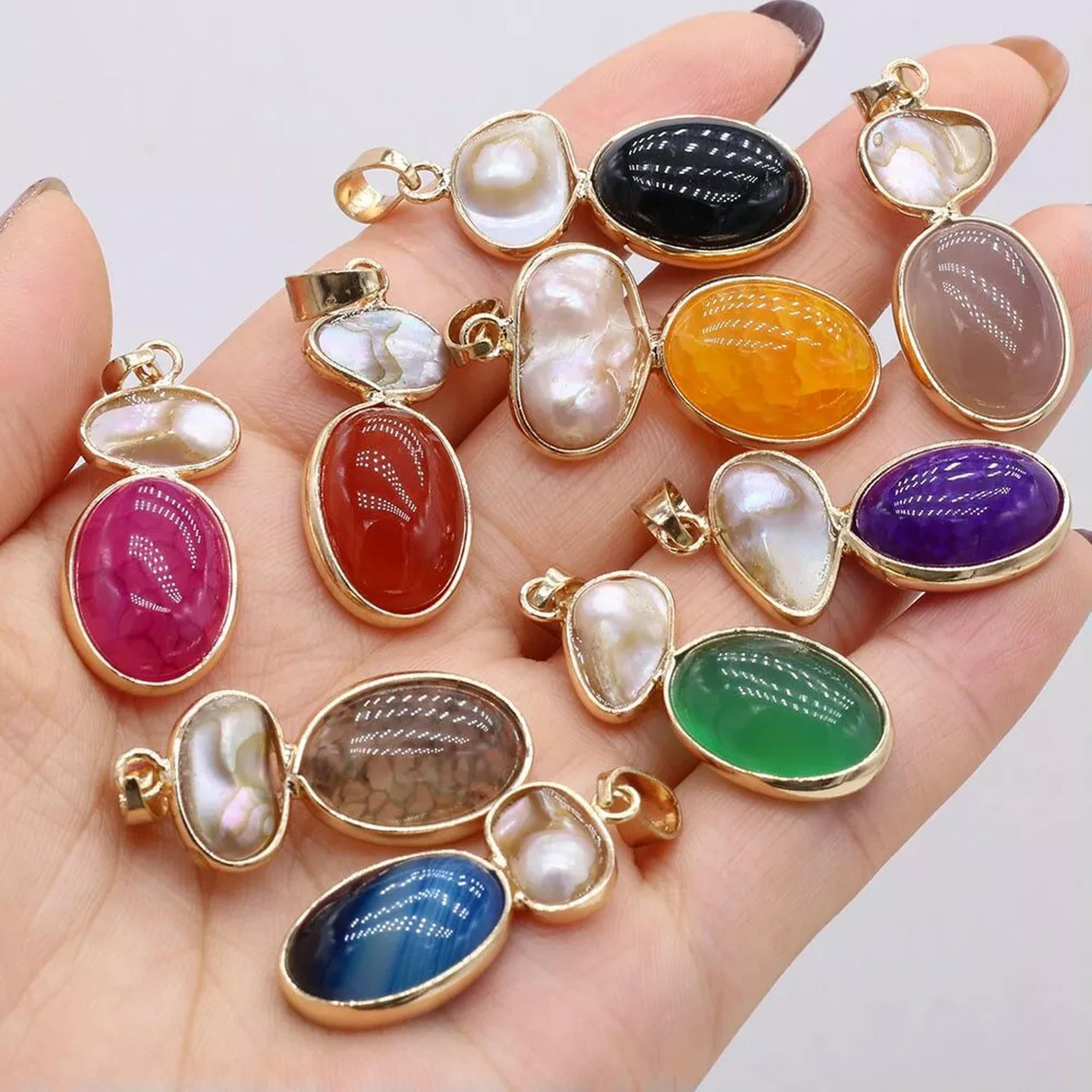 K-KED 5pcs 15x35mm Mix Color Stone Agates Gems Pendants Oval Gold ...