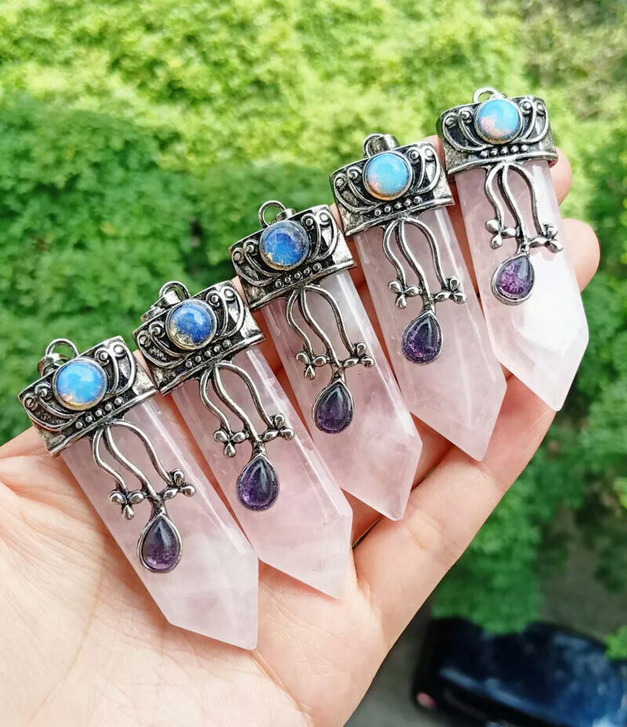 K-KED 5pcs Rose Quartz Stone Sword Pendants Prism Chakra Reiki Healing ...