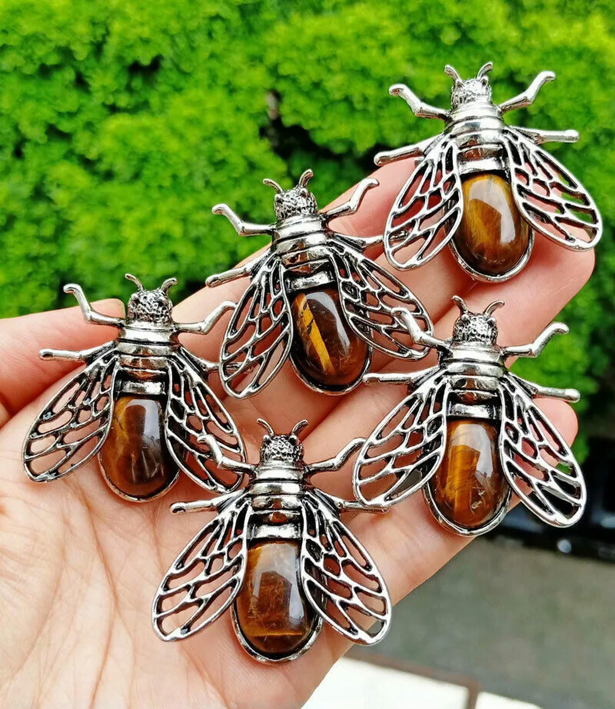 K-KED 5pcs Tiger eye stone Cicada Fly Pendants Brooch Chakra Reiki ...