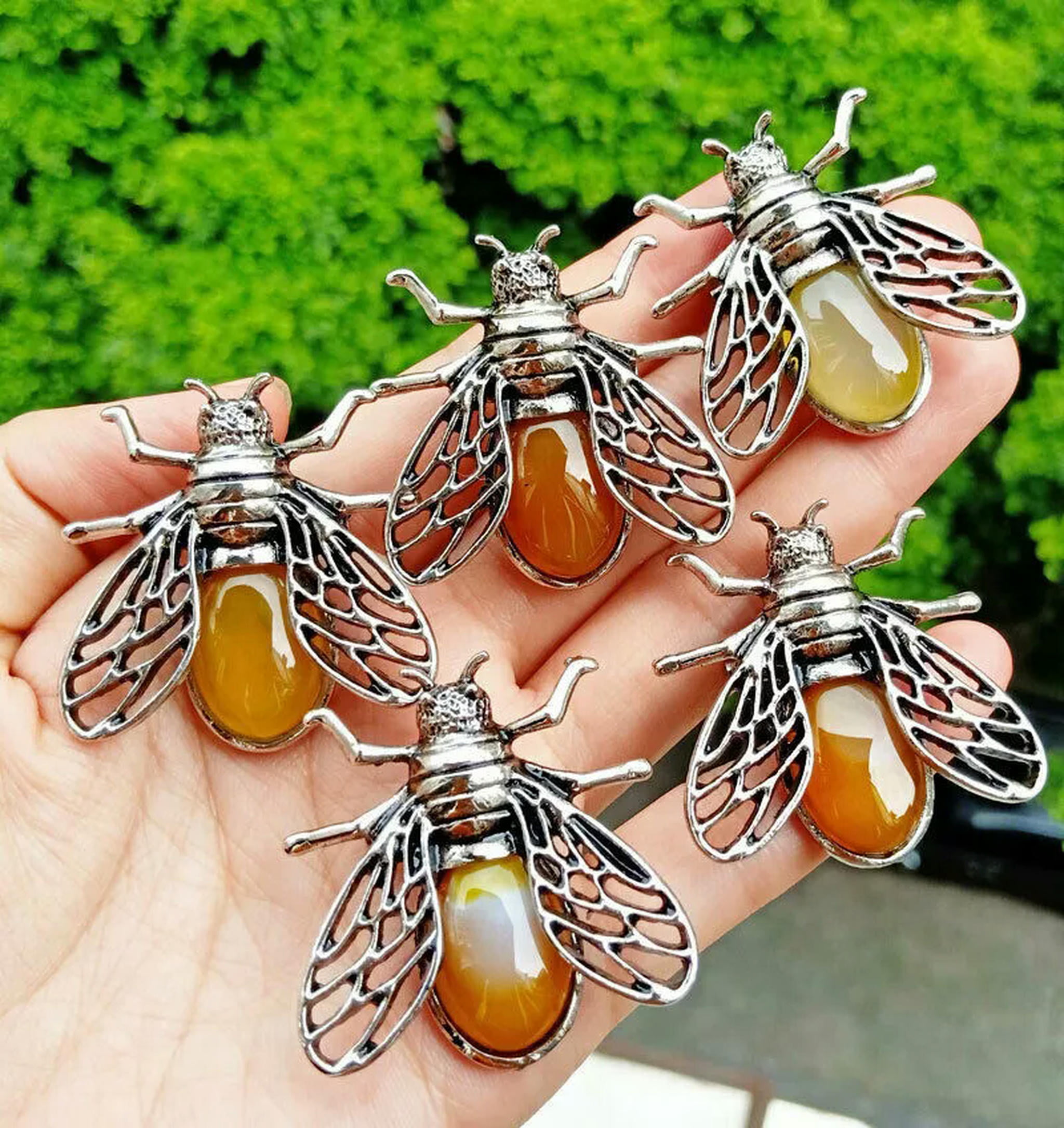 K-KED 5pcs Yellow Agate stone Cicada Fly Pendants Brooch Chakra Reiki ...