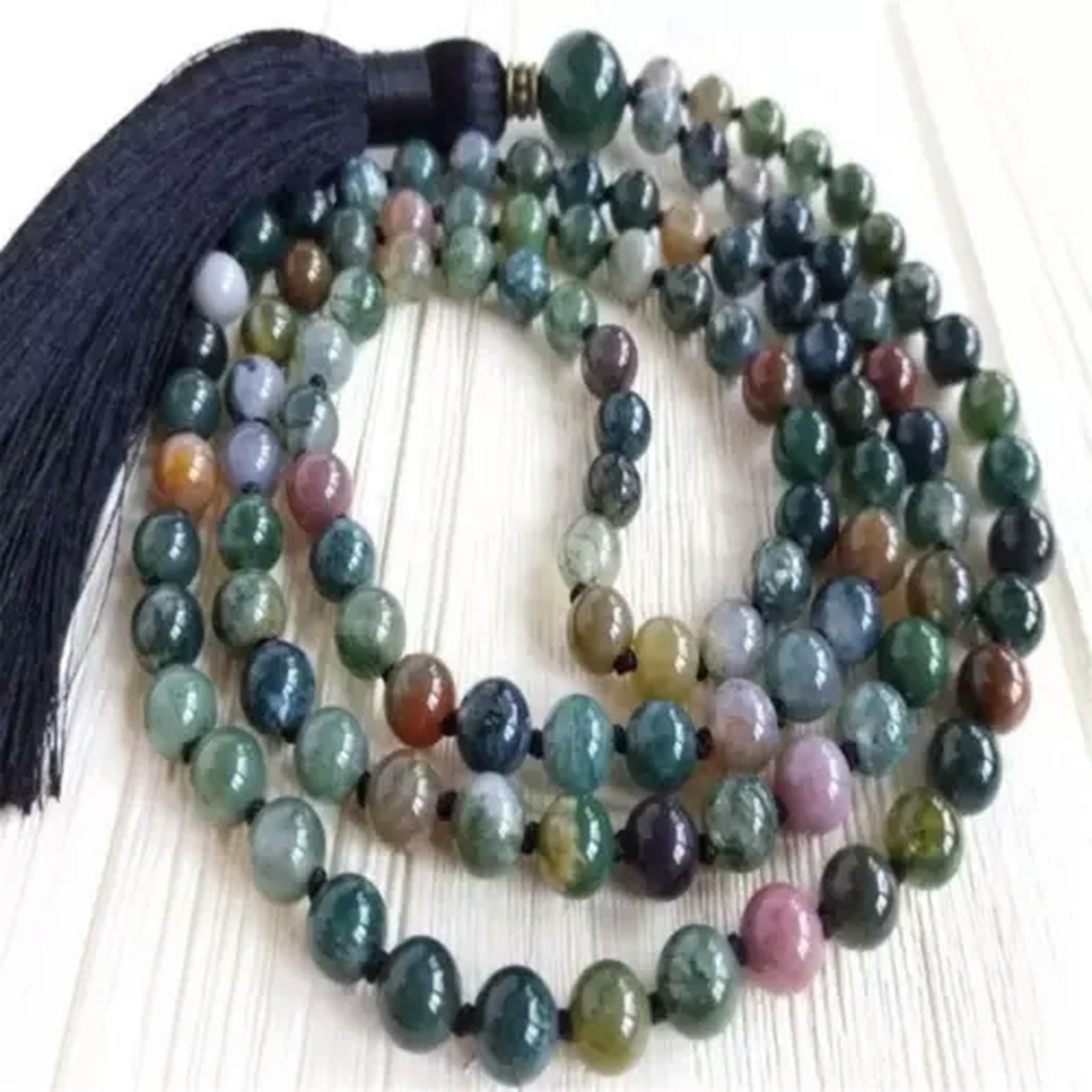 K-KED 6mm Moss Agate Gemstone 108 Beads mala Tassel Necklace Tibetan ...
