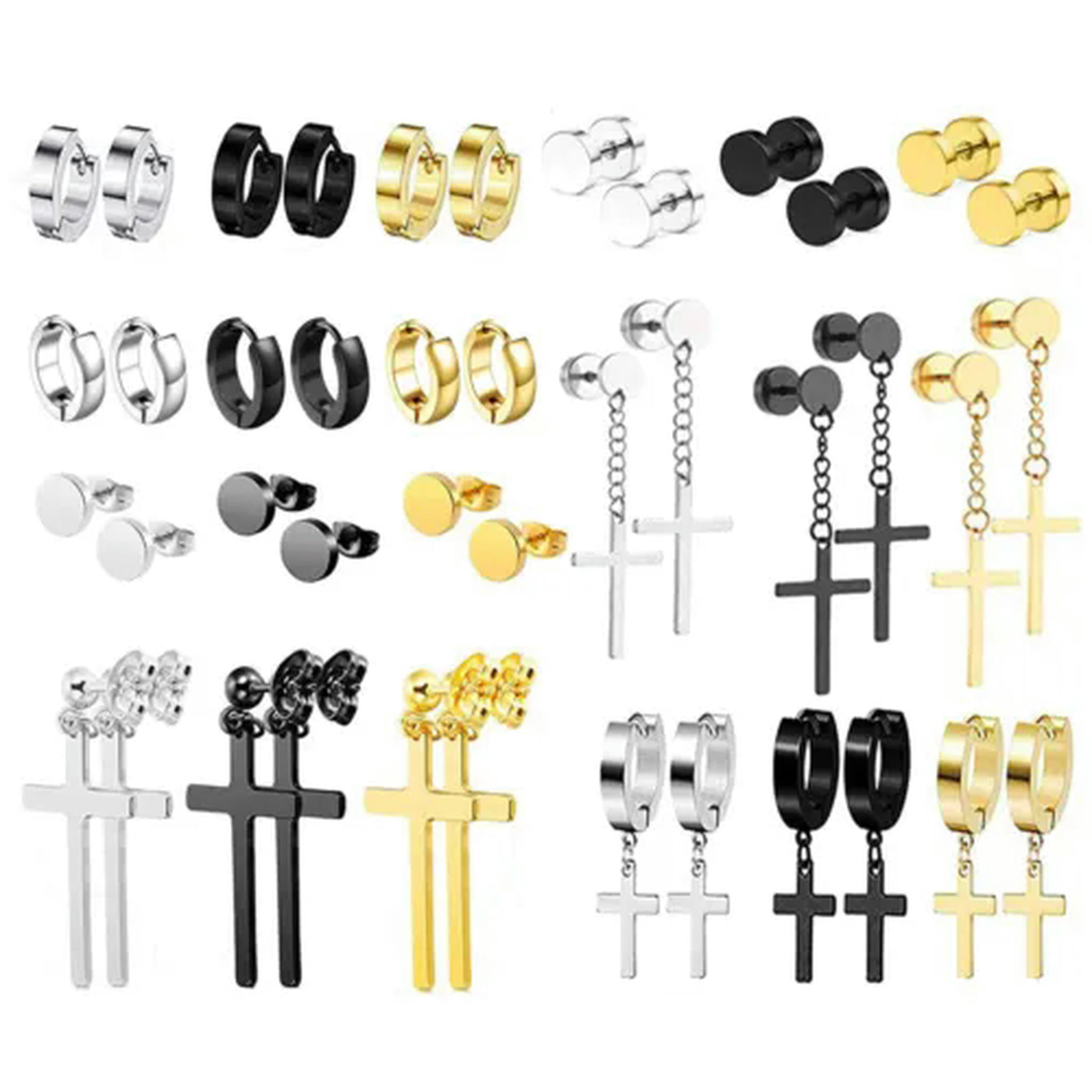 K-KED 7-21Pair Punk Earring Set 7 style Stainless Steel Cross Hinged ...