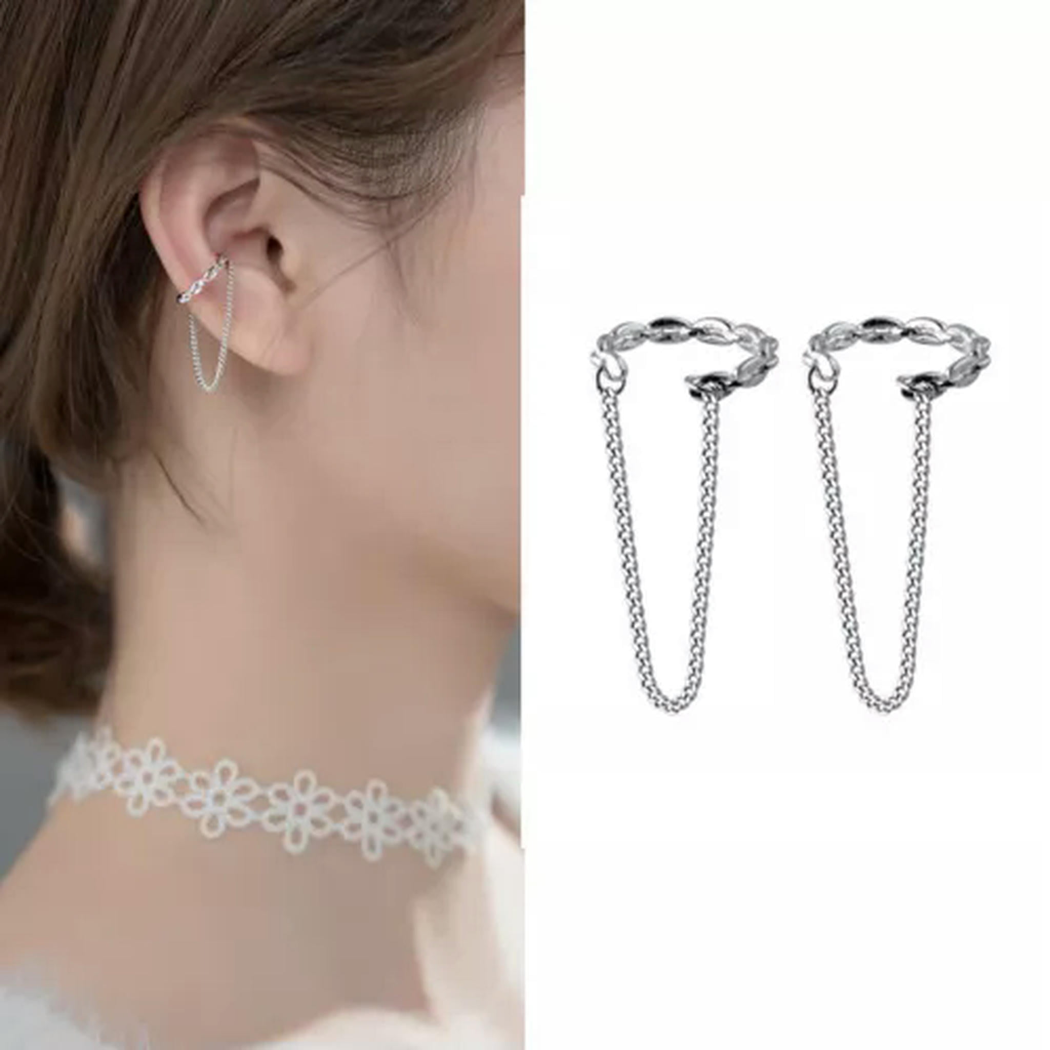 K-KED 925 Sterling Silver & Ear Cuff with Trace Chain Earrings NO ...