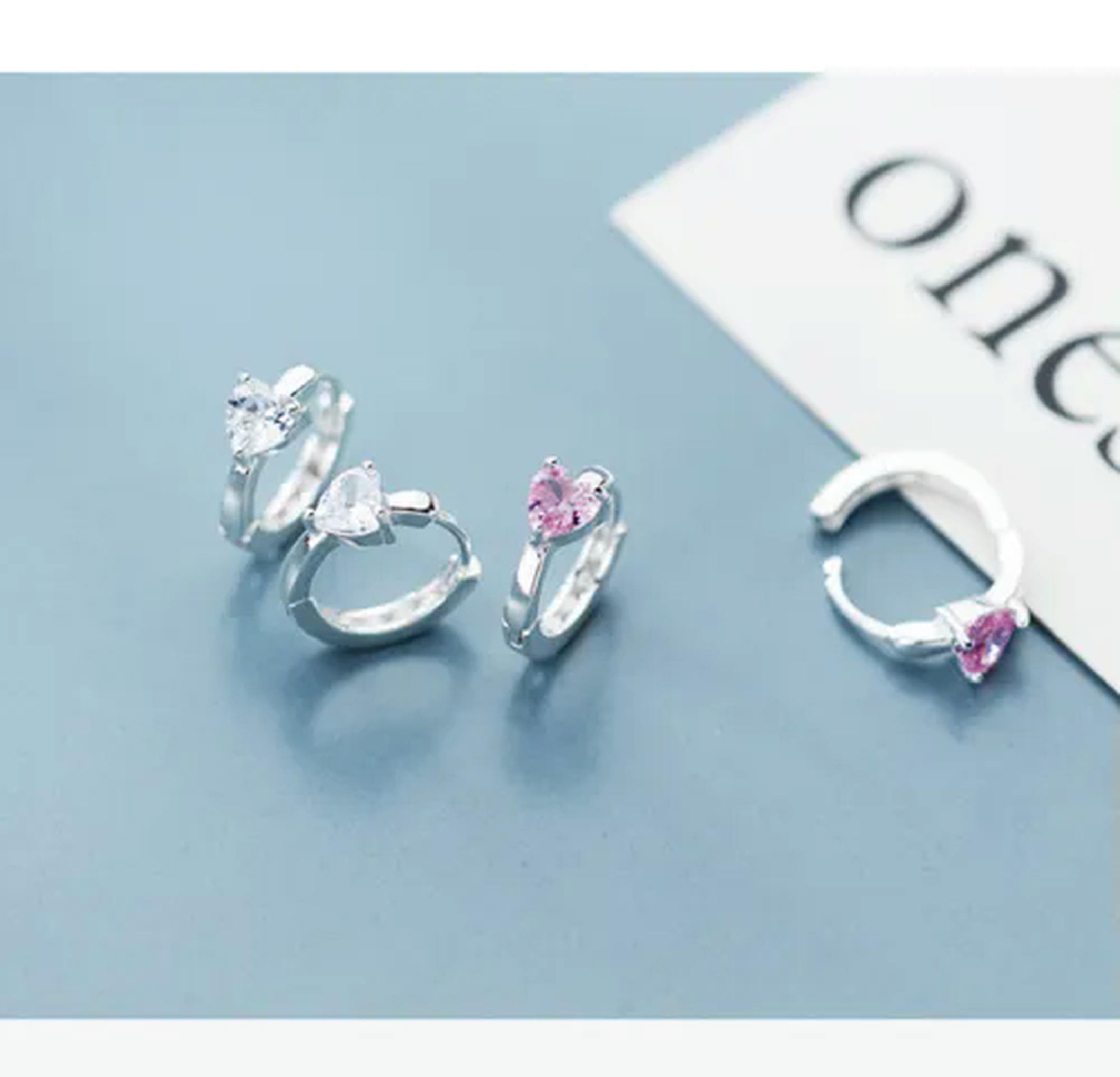 K-KED 925 Sterling Silver Pink/Clear Heart Crystal Hoop Sleeper ...