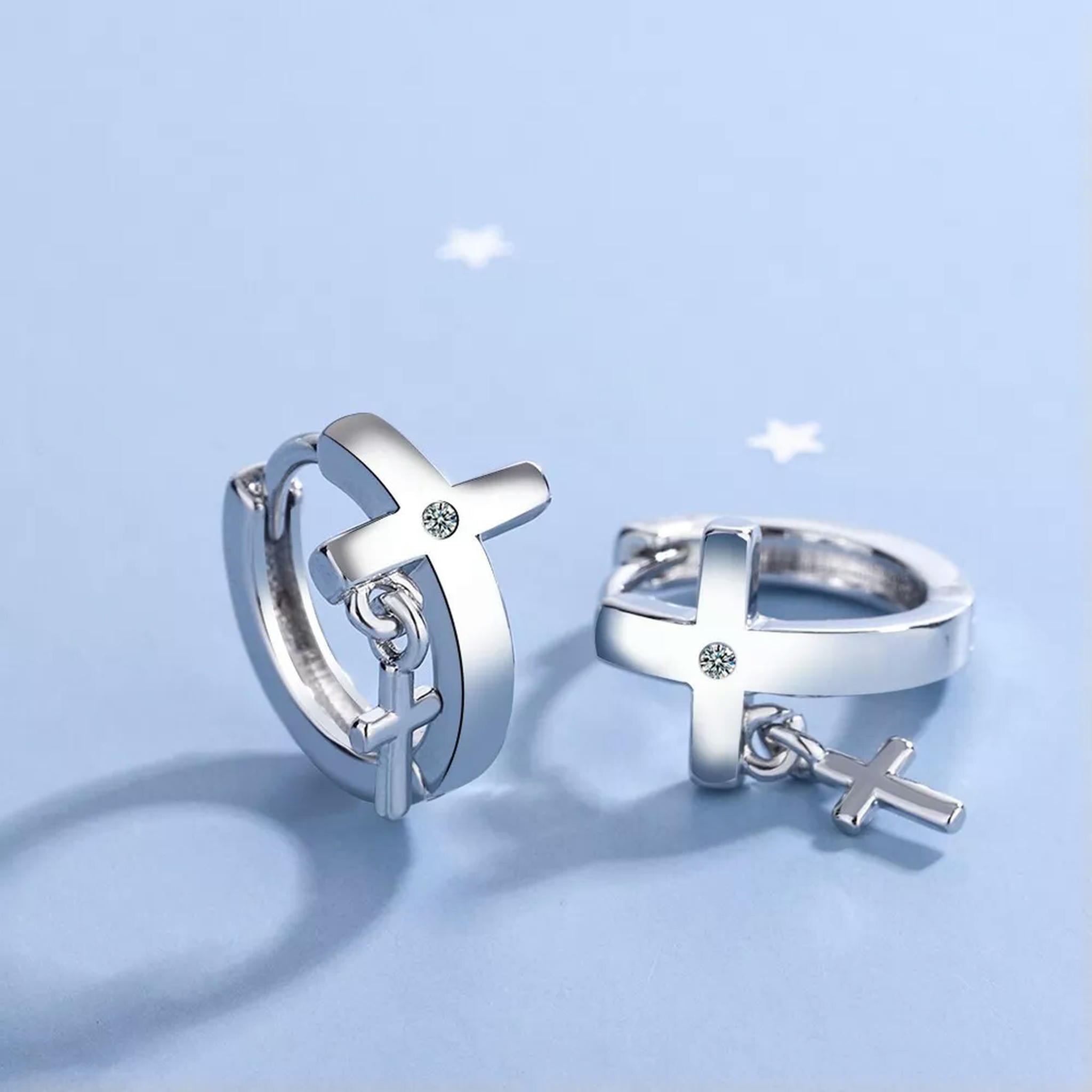 K-KED 925 Sterling Silver Polish Cross Huggie Hoop Stud Earrings Womens ...