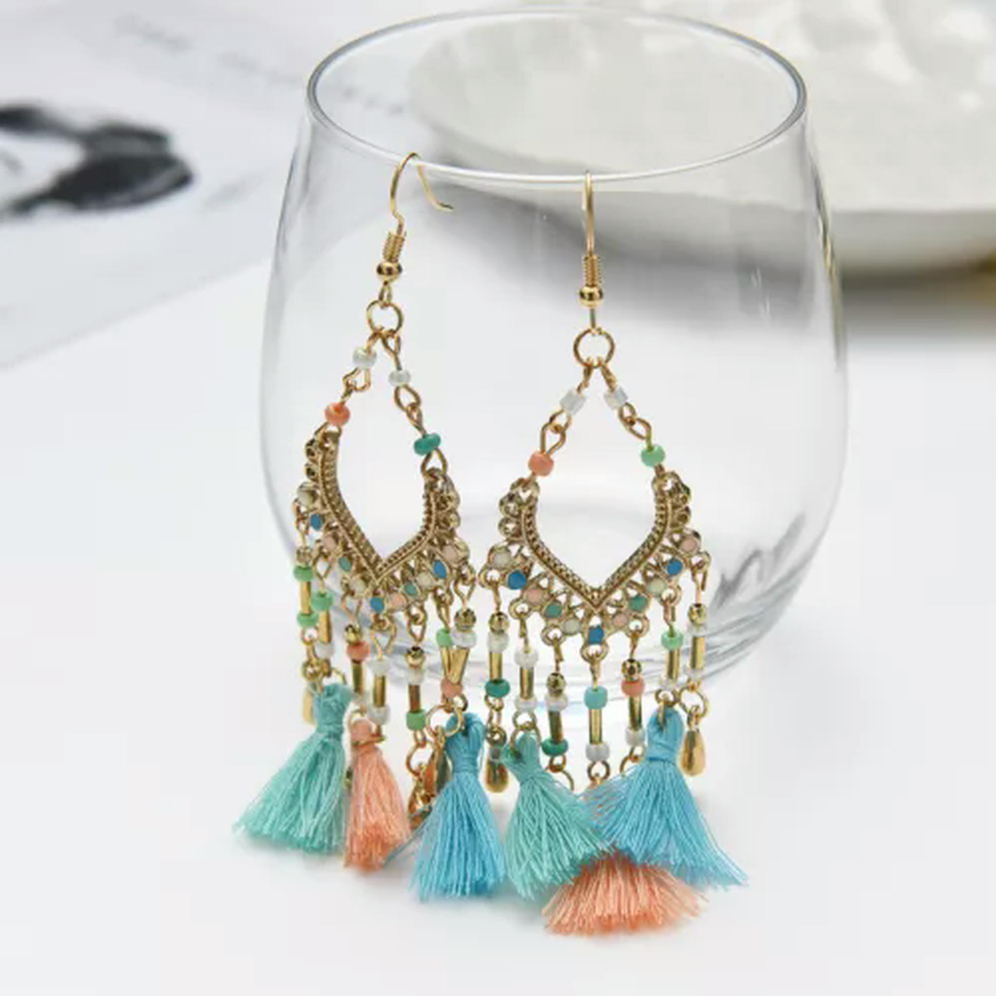 K-KED BOHO Se-eds Beaded Earrings Fringe Tassel Bohemian Ethnic Dangle ...