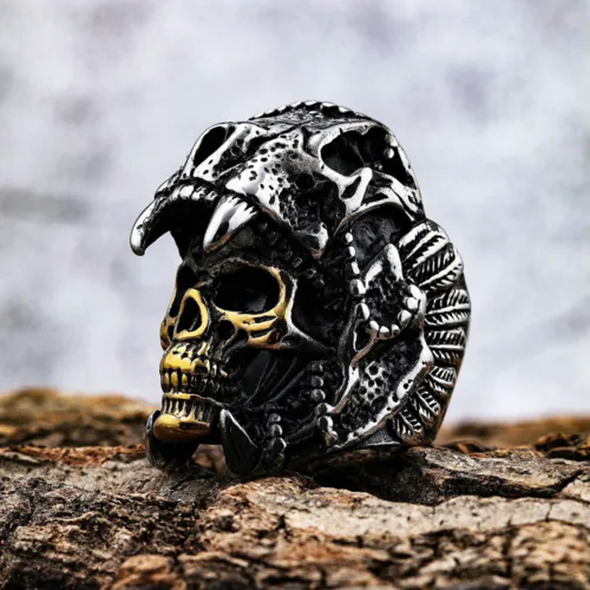 K-KED Beast Skull Helmet Indian Skull Ring Stainless Steel Men's Biker ...