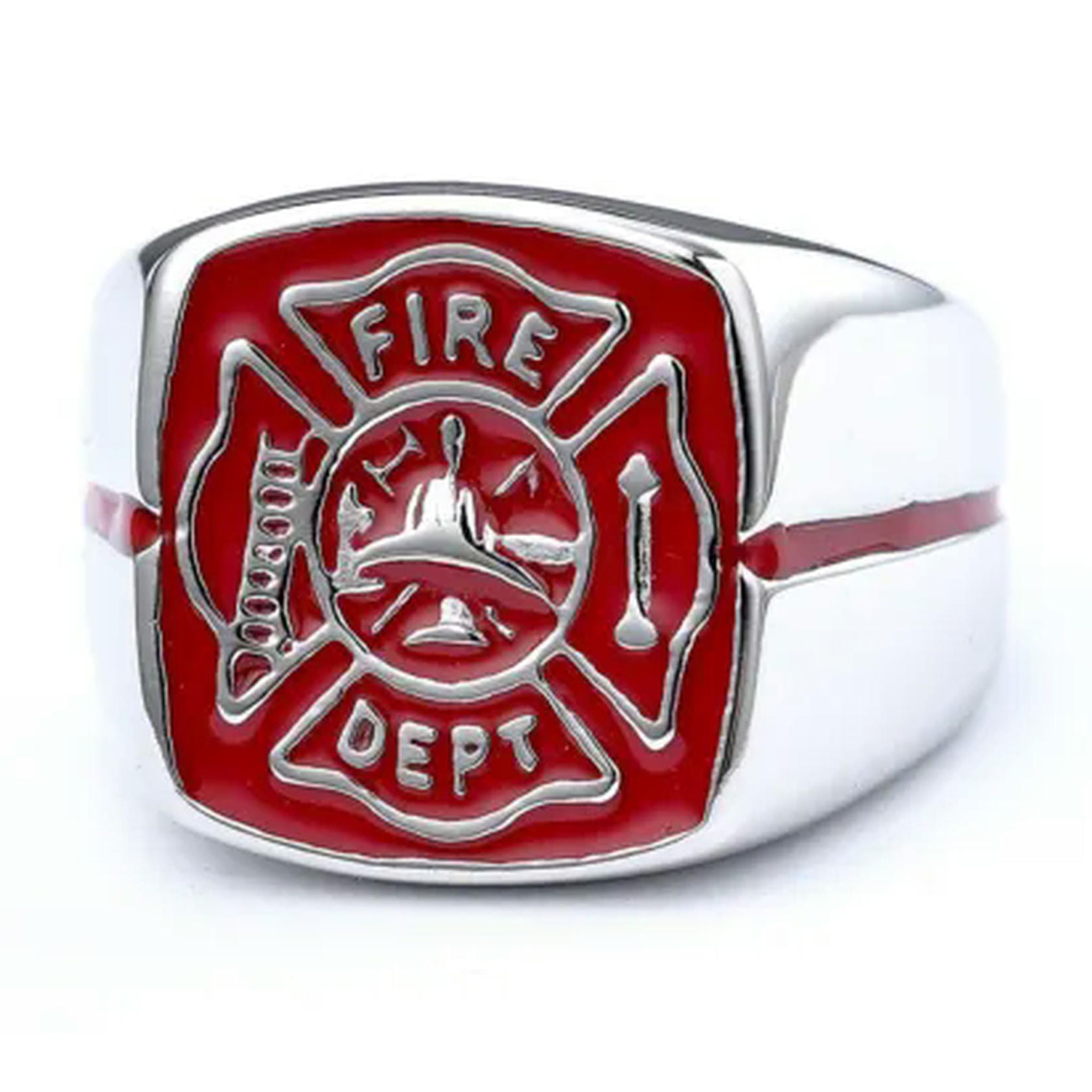 K-KED Black/Red Enamel Fire Department Firefighter Ring Stainless Steel ...