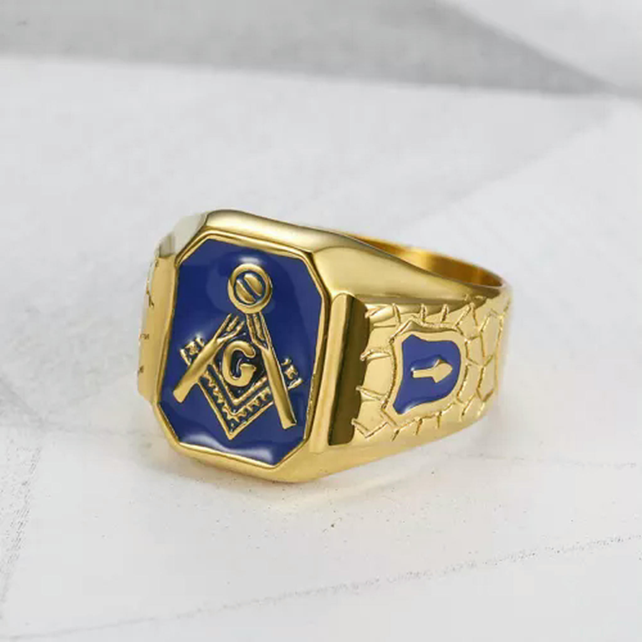 K-KED Blue Enamel Freemason Symbol Ring Stainless Steel Vintage Biker ...