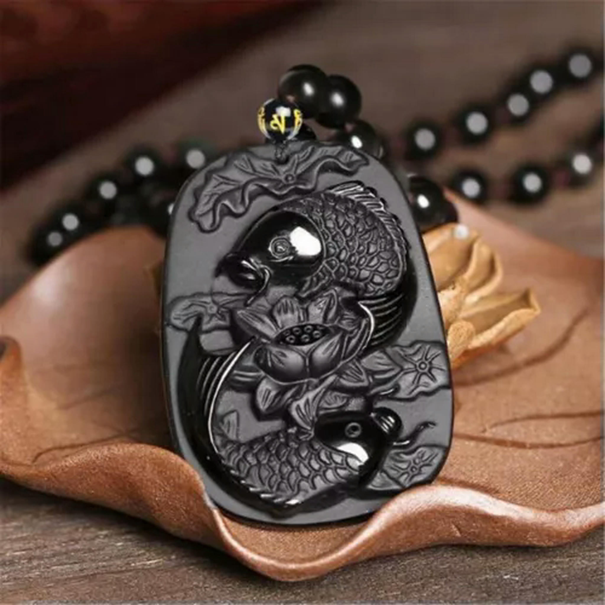 K-KED Carved Fish Obsidian Lotus Pendant Lucky Beads Chain Necklace ...