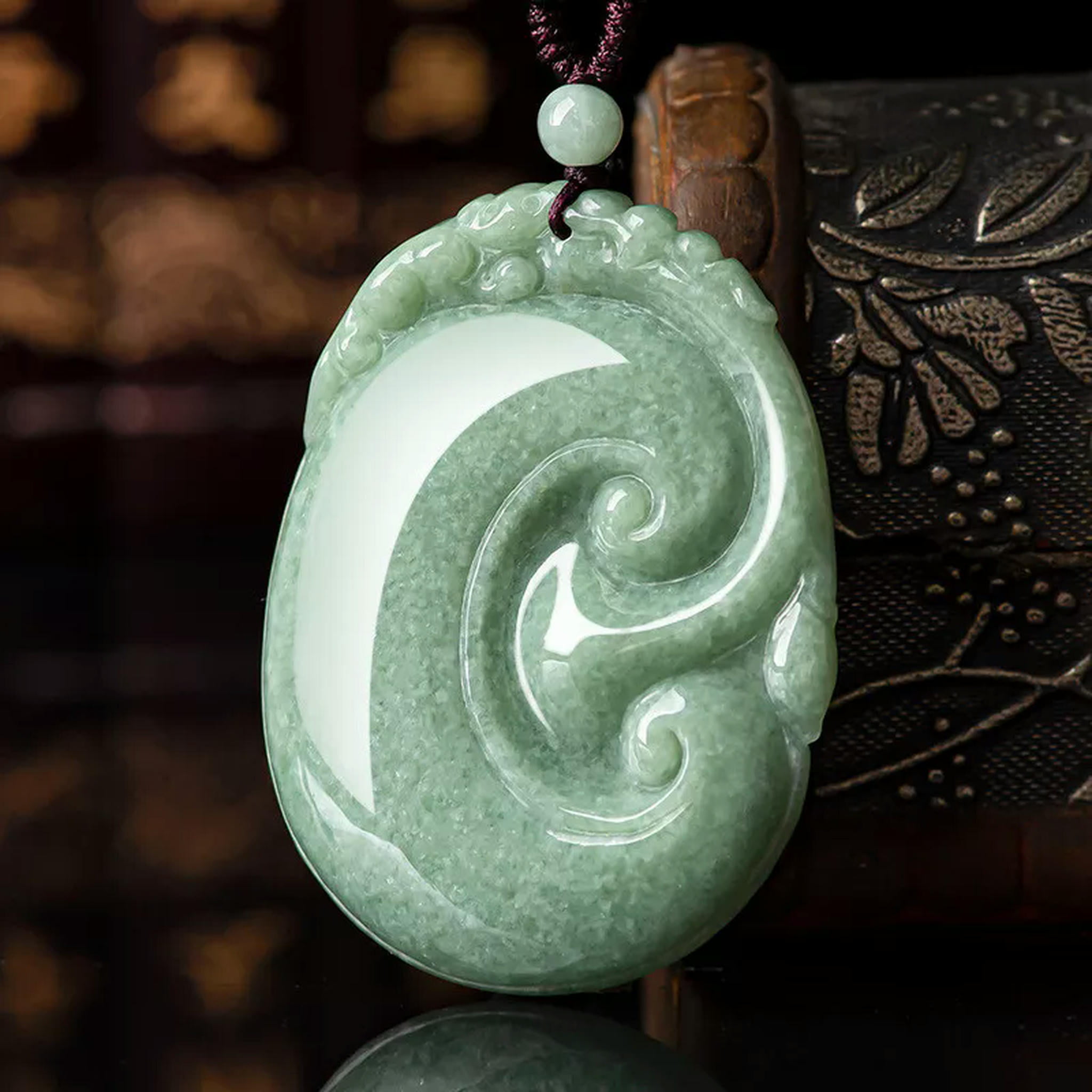 K-KED Chinese Natural Emerald Bean-Green “吉祥如意” Jade Pendant Necklace ...