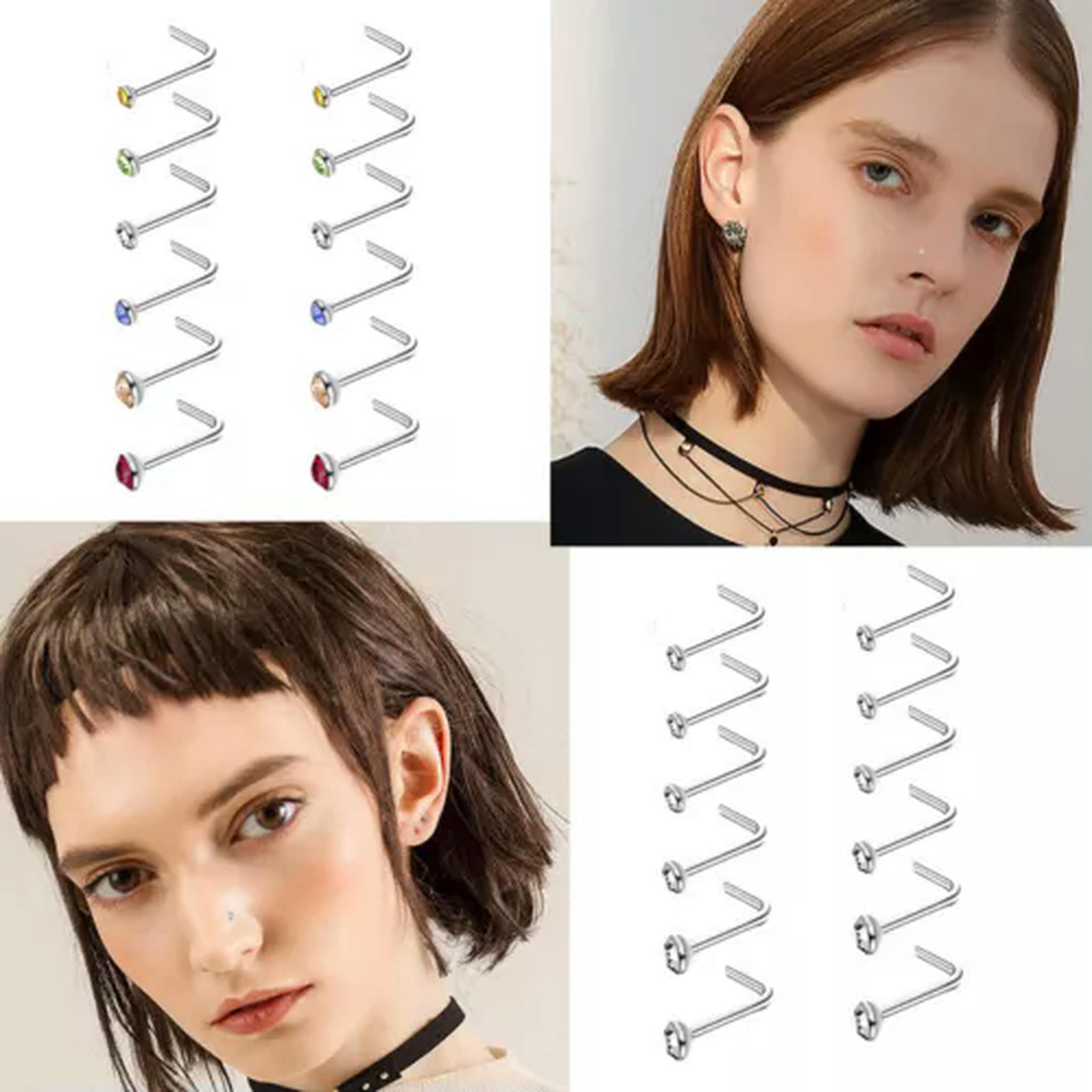 K-KED Colorful Crystal L Bone Nose Stud Nostril Ring Body Piercing ...