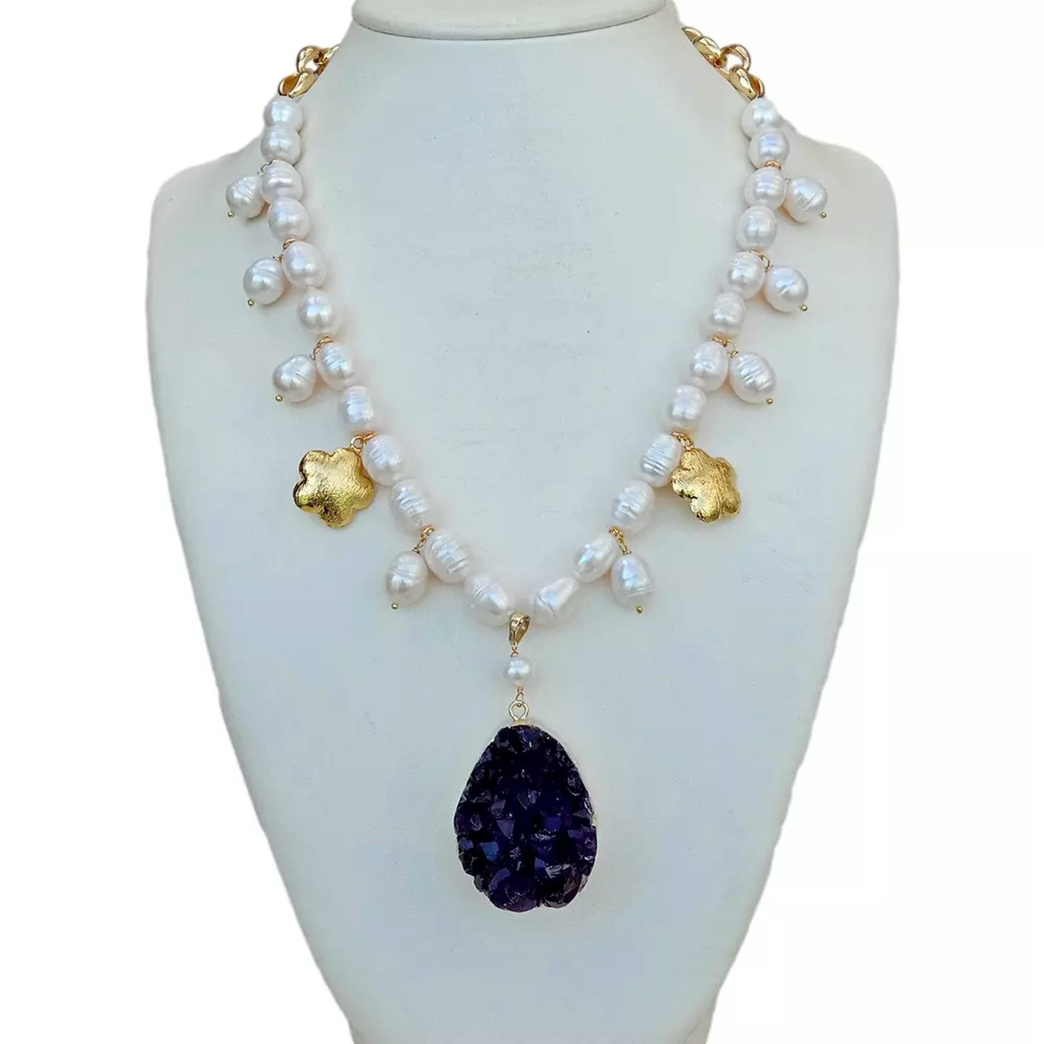 K-KED Cultured White Rice Pearl Necklace Amethyst Druzy Pendant 22 ...