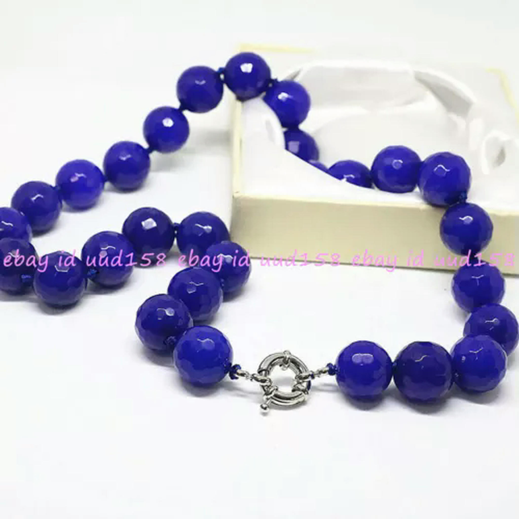 K-KED Faceted 8/10/12mm Natural Blue Jade Round Gemstone Beads Necklace ...