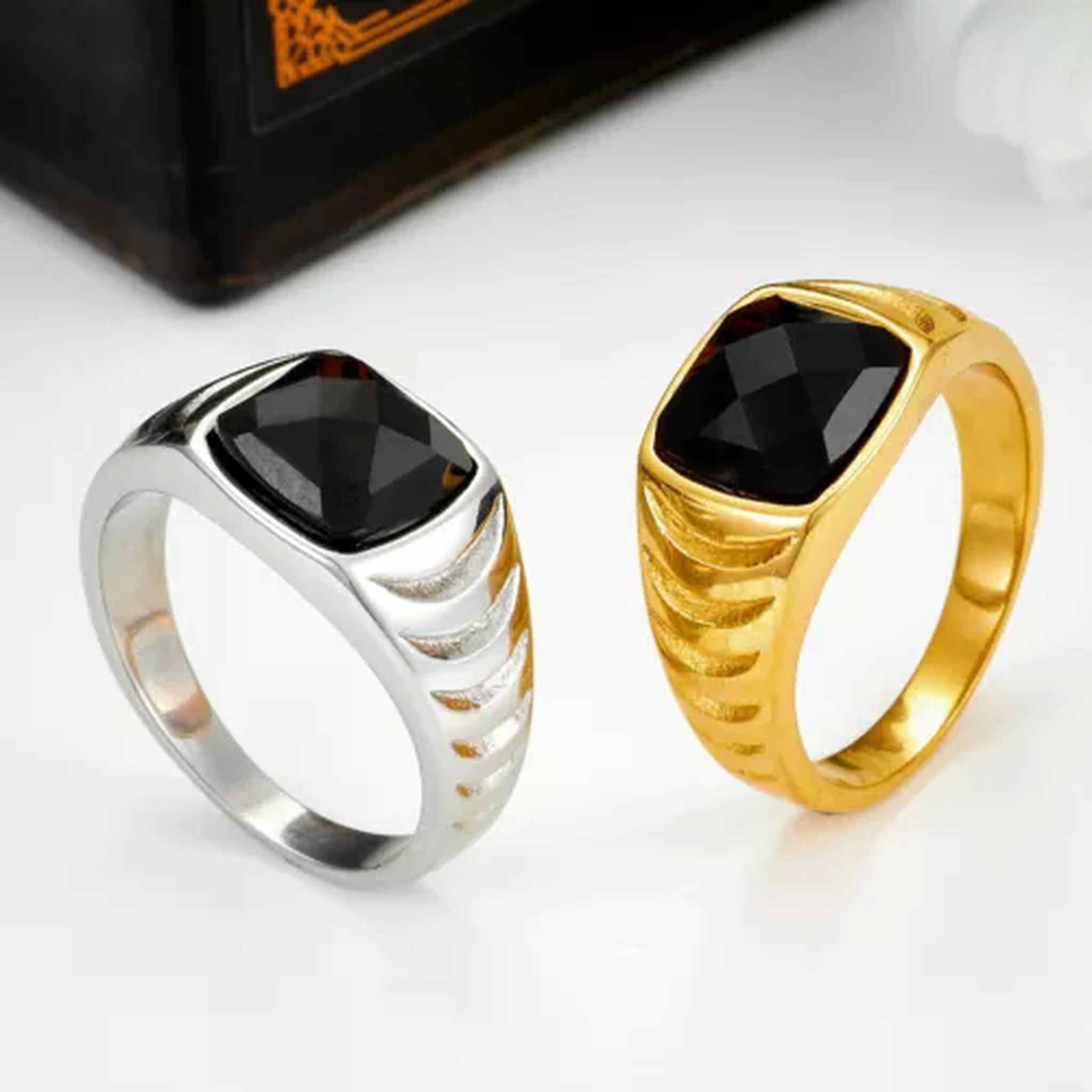 K-KED Fashion Simple Cold Wind Black Gemstones Stainless Steel Rings ...