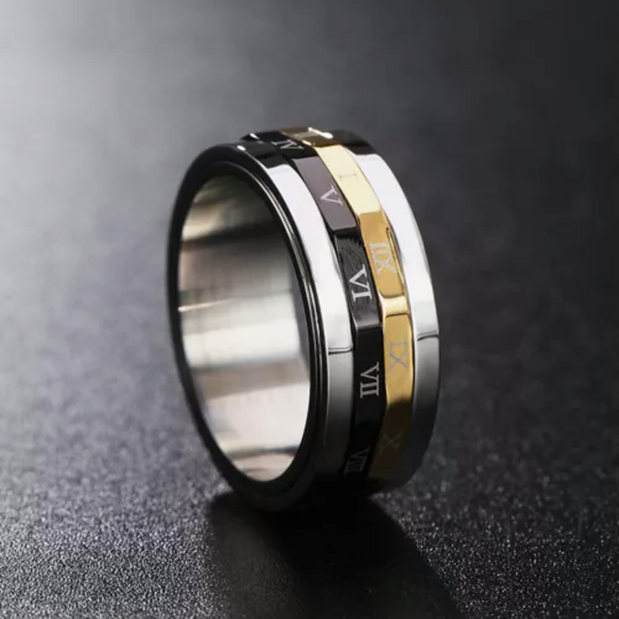 K-KED Gold Black Roman Numeral Spinner Band Stainless Steel Cool ...